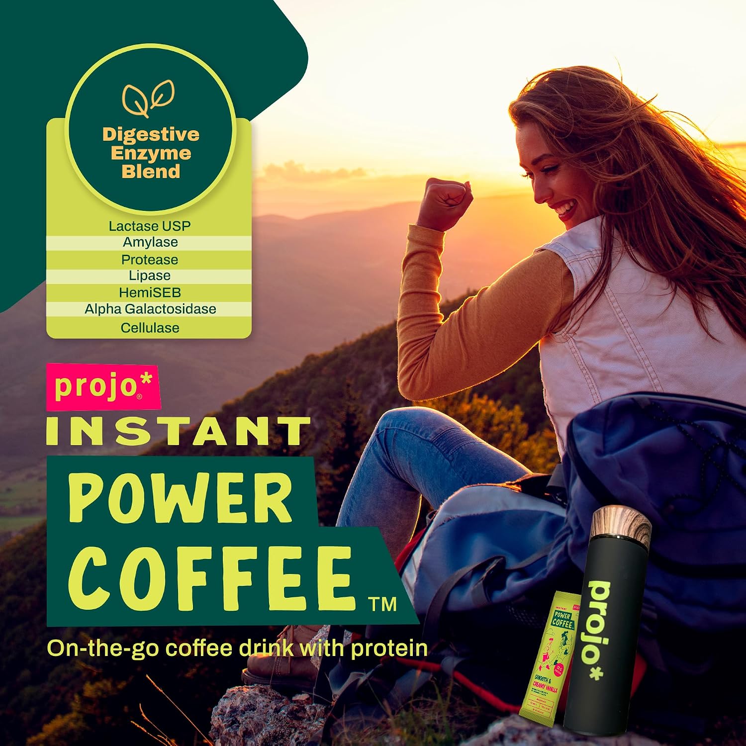 Projo* Café instantáneo con proteínas, 12 paquetes, café totalmente ...