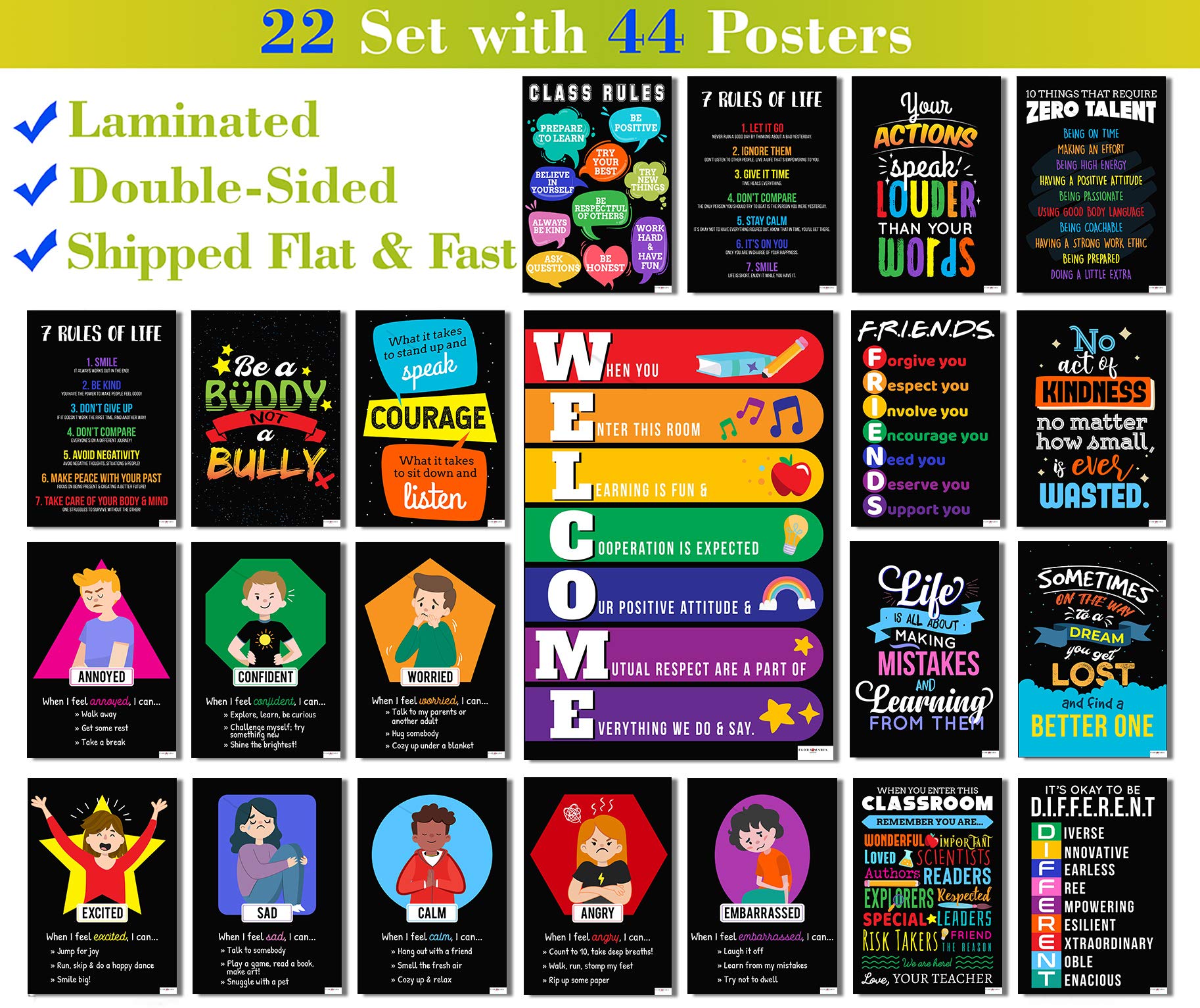 Buy Social Emotional Learning Feelings Posters For Kids 22 Set - 44 ...