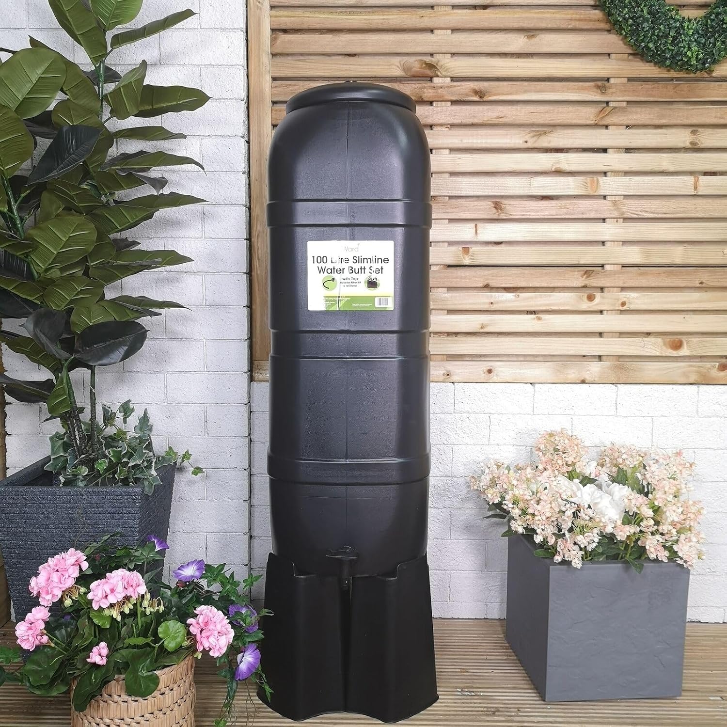 100 Litre Slimline Garden Water Butt with Filter Kit & Stand Home ...
