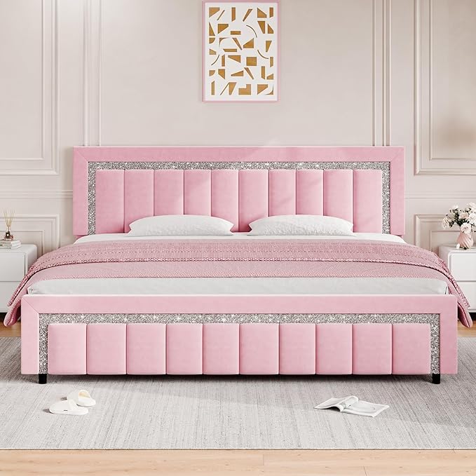 Amazon.com: HOMBCK King Size Bed Frame, Pink Velvet Upholstered Bed ...