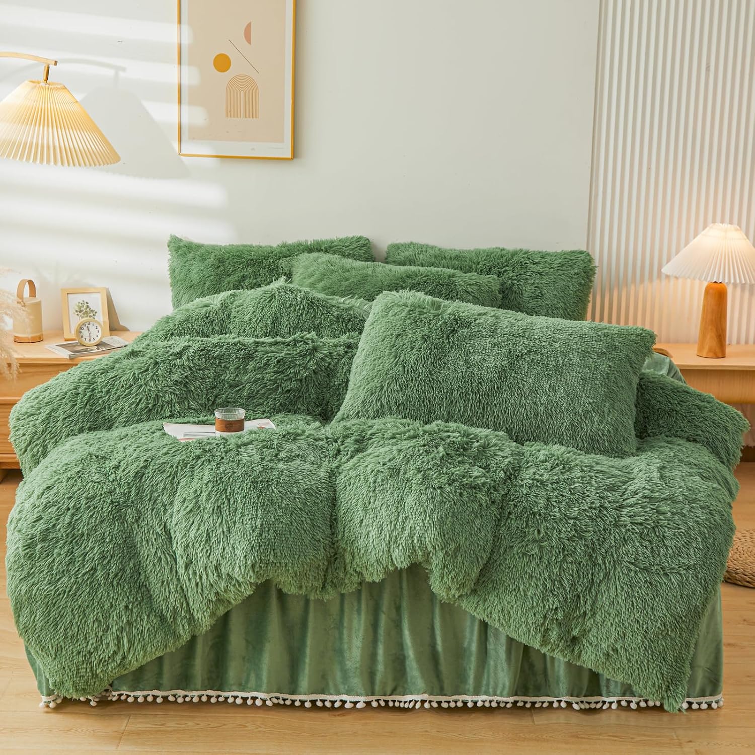 Amazon.com: ERLOXO Fluffy sage Green Faux Fur Comforter Cover Set Twin ...