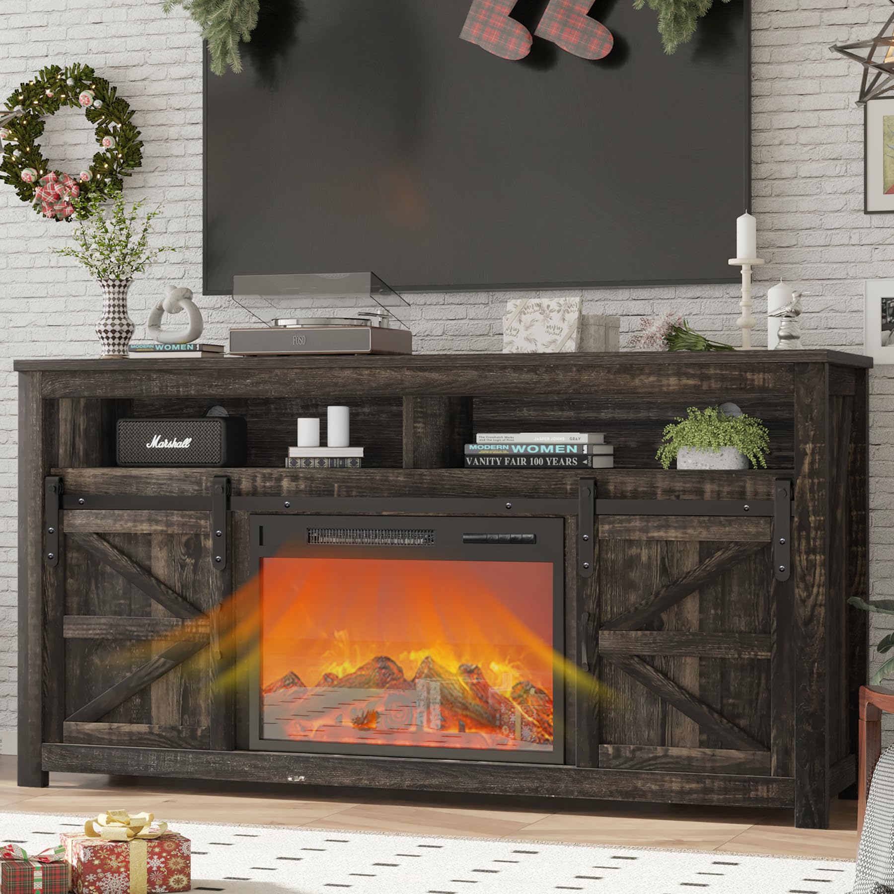 Amazon.com: SENSWEET 58" Farmhouse TV Stand with Fireplace ...