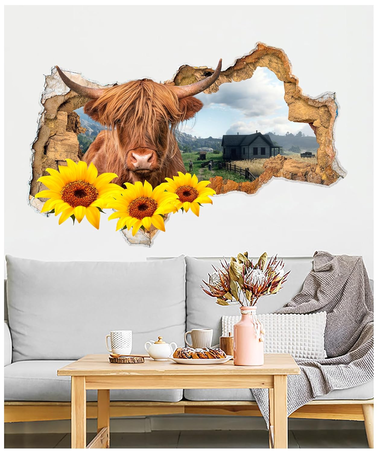 Highland Cow Wall Sticker for Farmhouse. Farm Animal Vinyl Mural ...