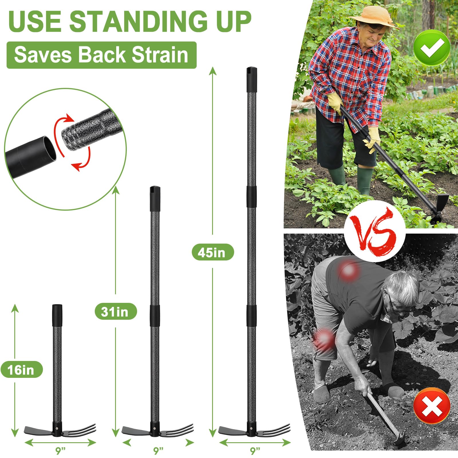 Snapklik.com : Garden Hoe Cultivator Combo Tool, 45" Long Handle ...