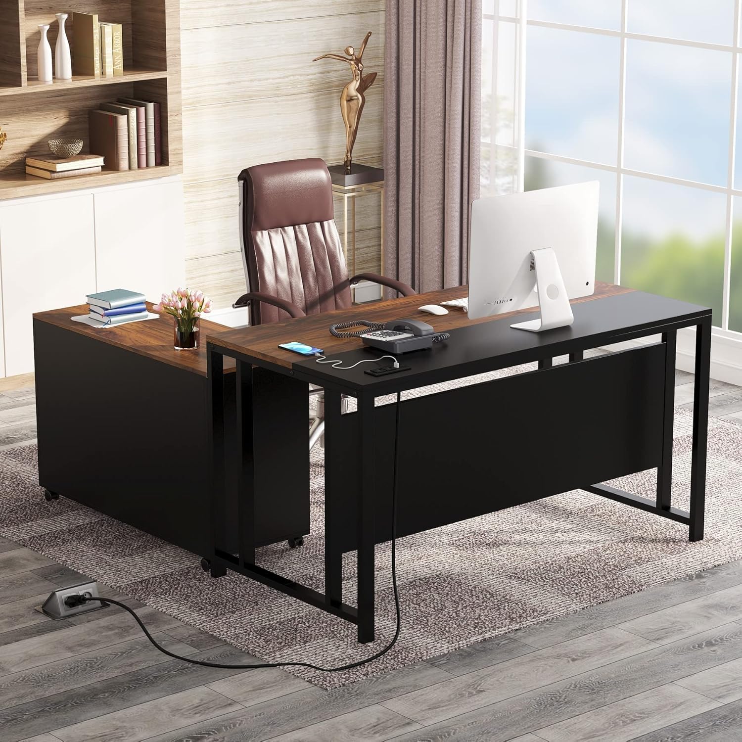 Amazon.com: LITTLE TREE 55'' Large Executive Desk with Lateral File ...