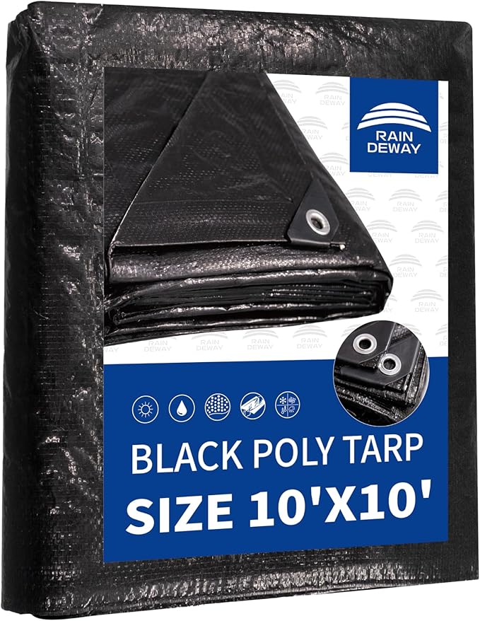 RAINDEWAY Black Tarps 10x10 Feet,UV Resistant, Multipurpose Medium Duty ...