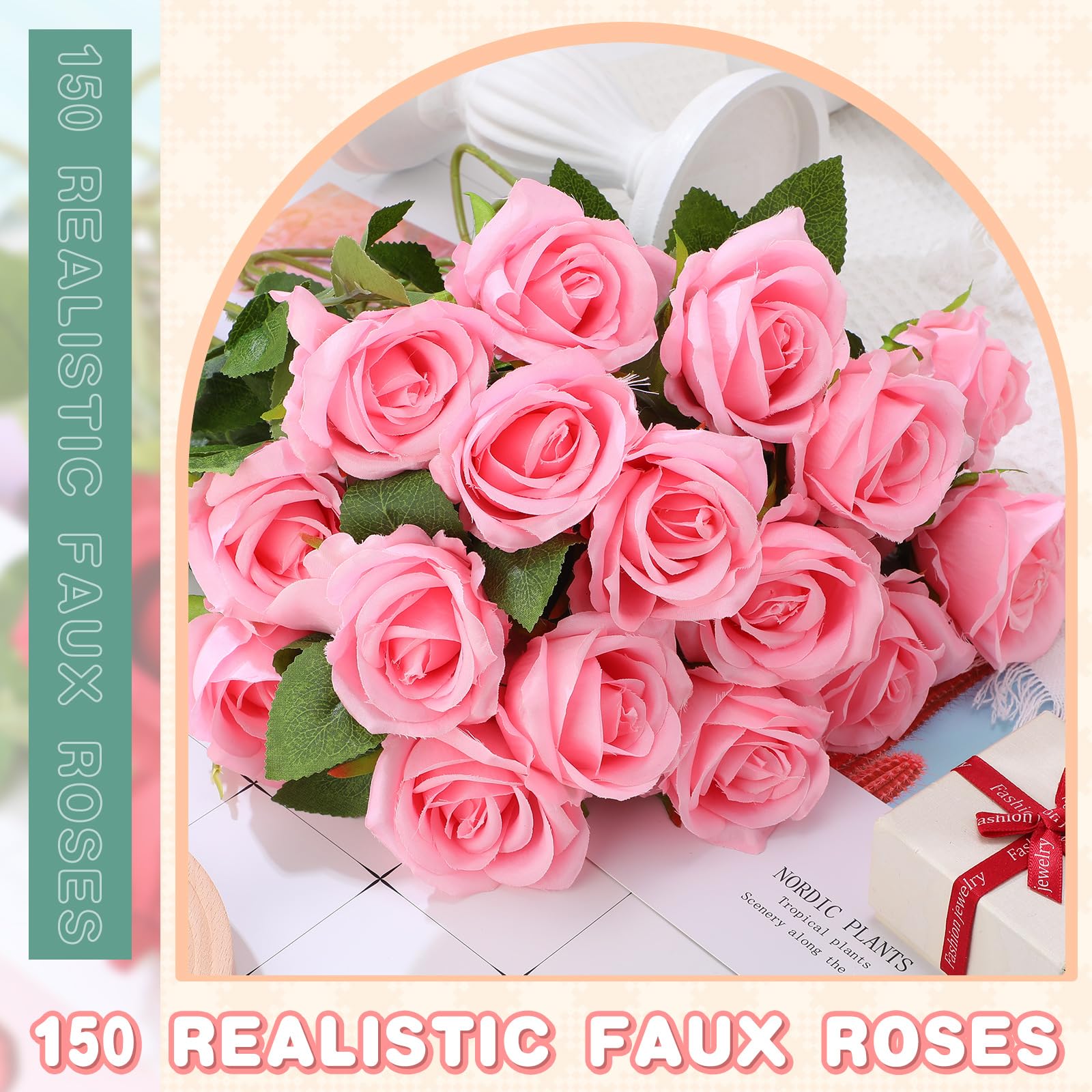 Tigeen 150 Pcs Artificial Silk Rose Flowers, Realistic Faux Rose with ...