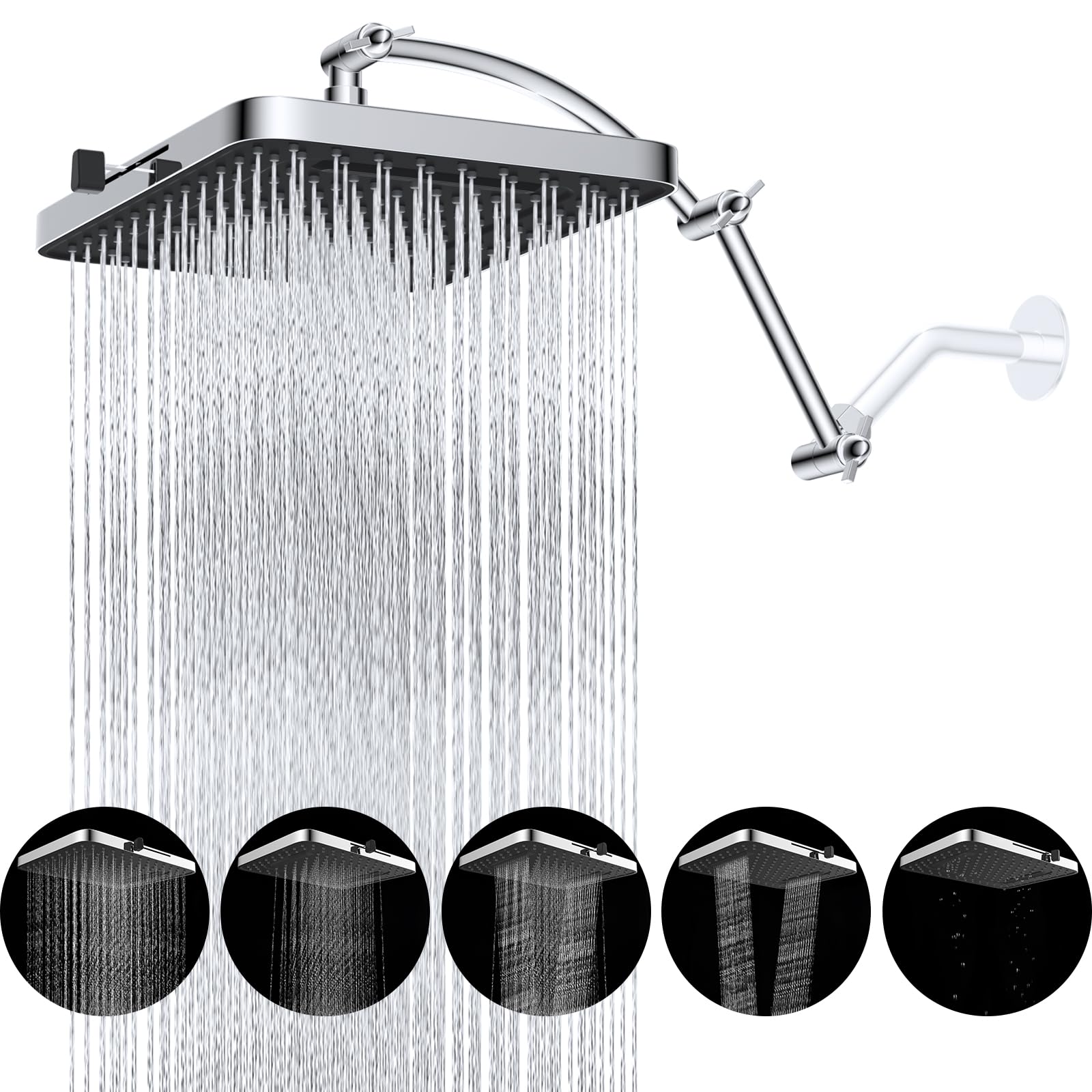 Hibbent Rain Shower Head, 13'' High Pressure Rainfall Square 5 Spray ...