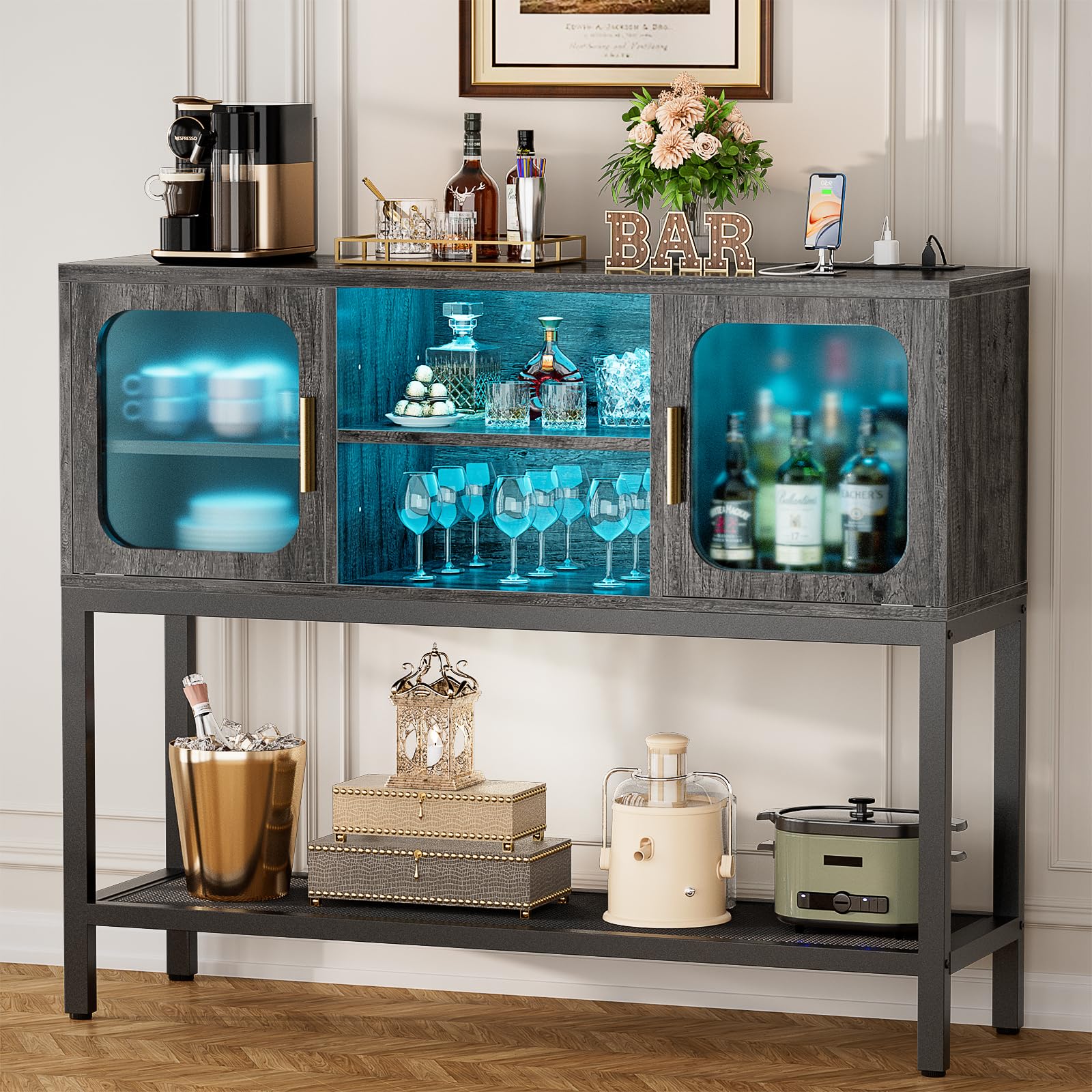 Aheaplus Sideboard Buffet Cabinet with Outlet and LED Light, Storage ...