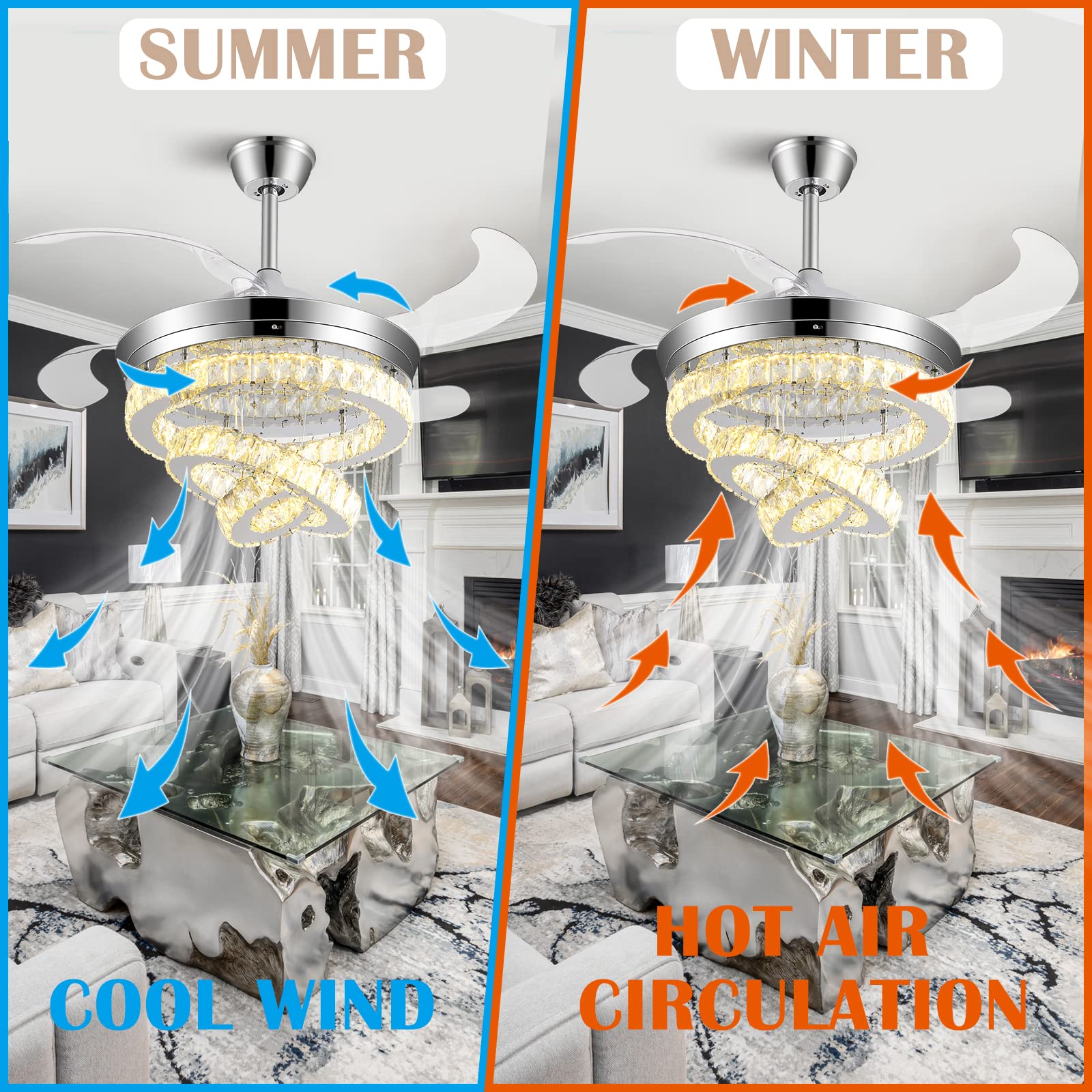 42" Crystal Ceiling Fan with Lights Modern Crystal Chandeliers Ceiling ...