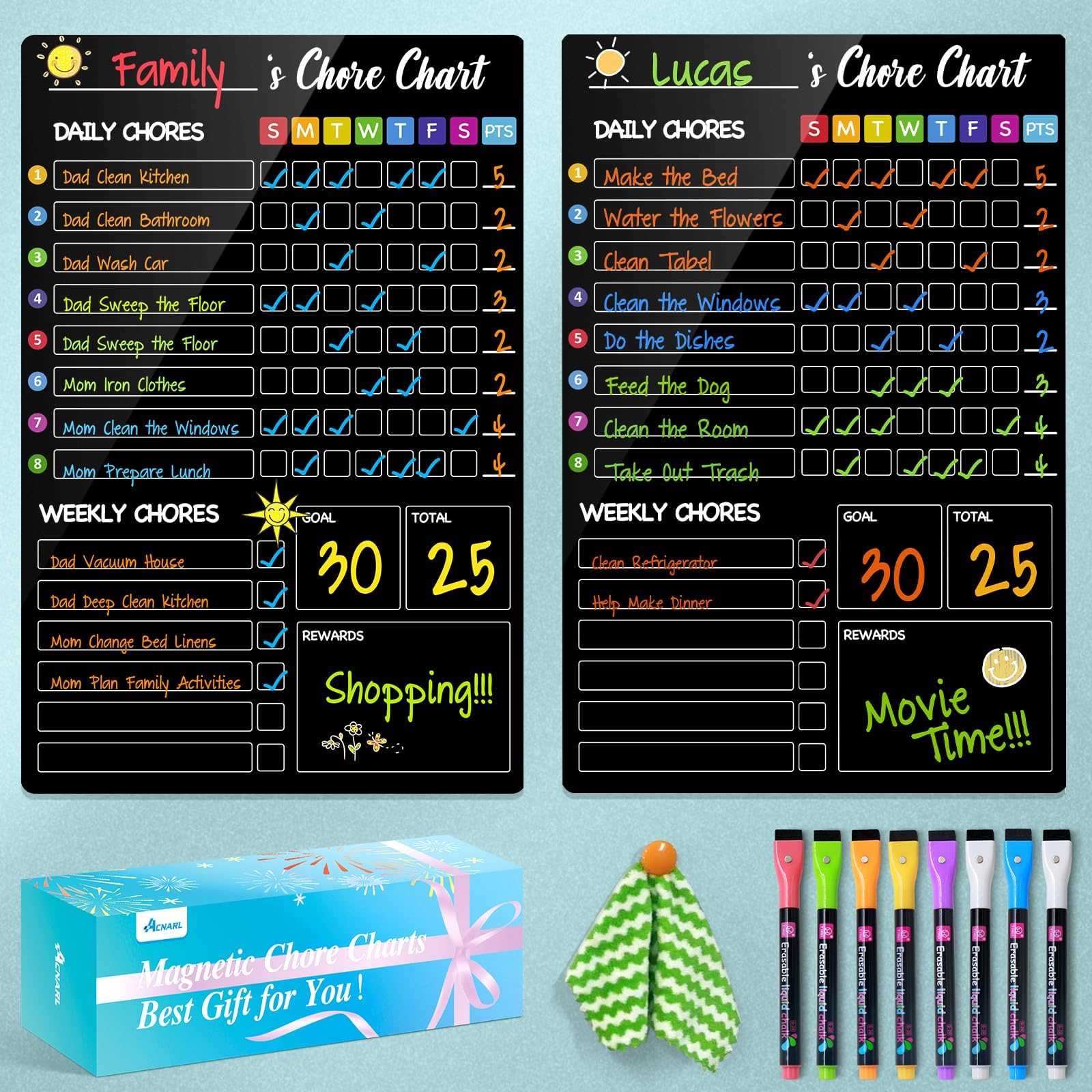Amazon.com: 2 Pack 8"x12" Magnetic Chore Chart for 2 Kids with 8 ...