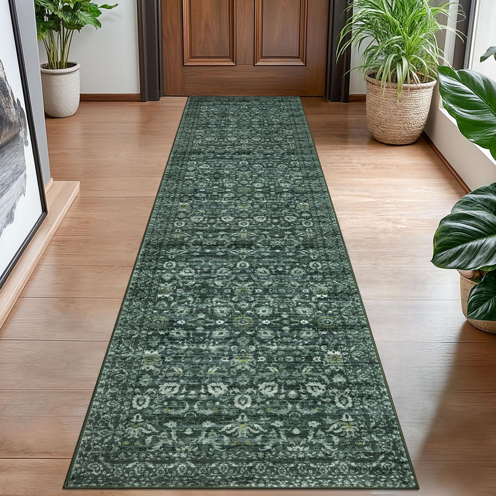 Amazon.com: Lansny Hallway Runner Rug, Dark Green Washable Runner Rug ...