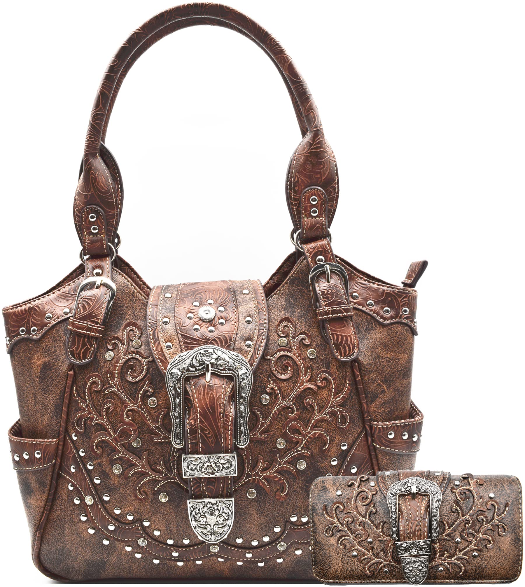 Western Style Tooled Leather Floral Women Bling Rhinestone Studs Purse ...
