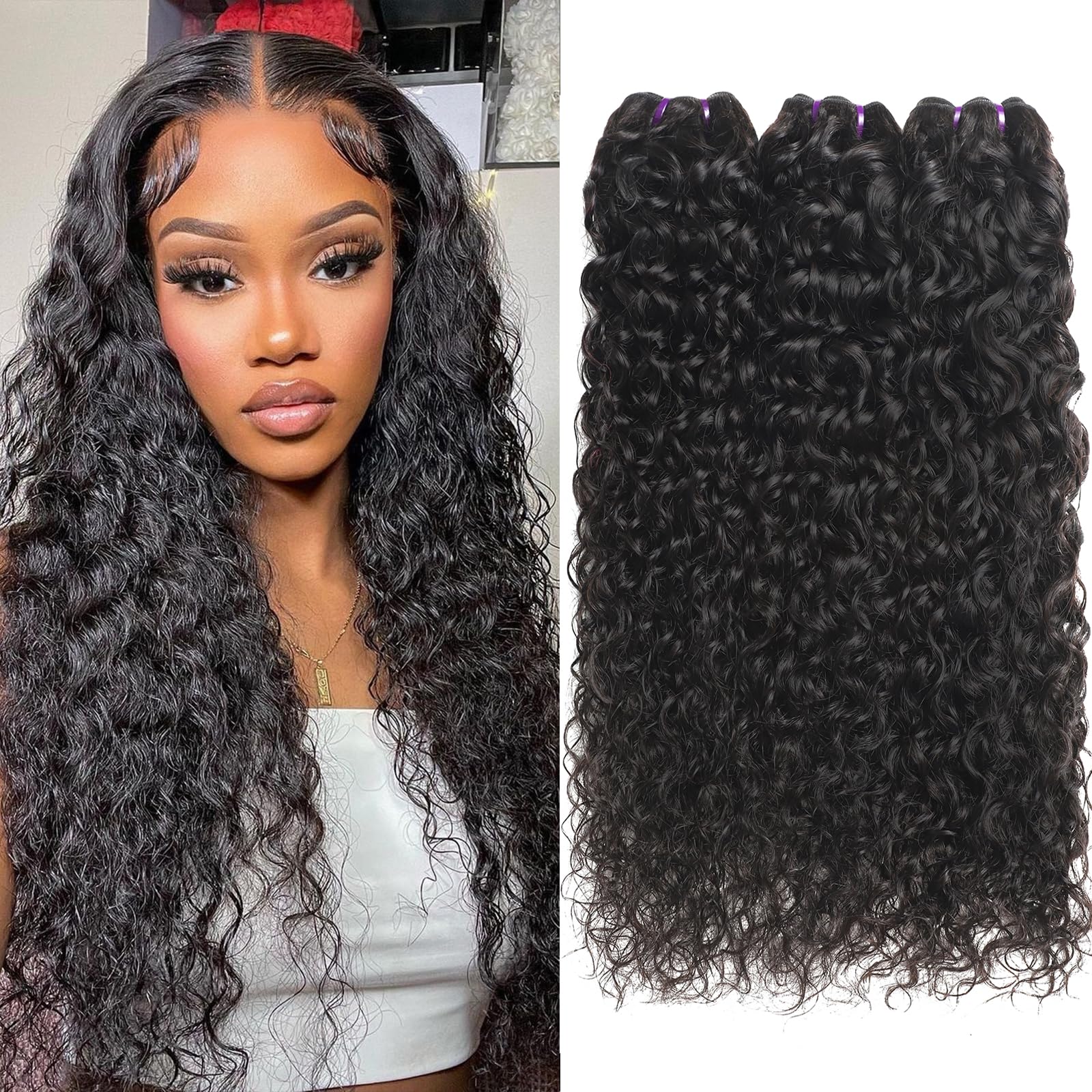 Amazon.com : Beauty Queen 16A Water Wave Bundles Human Hair 22 24 26 ...