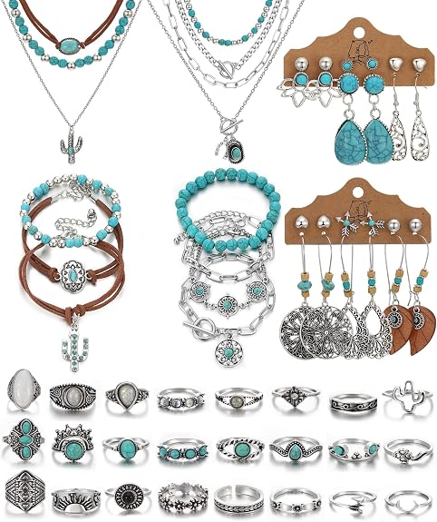 Amazon.com: IFKM 50 PCS Silver Bohemian Jewelry Set With 7pcs Turquoise ...