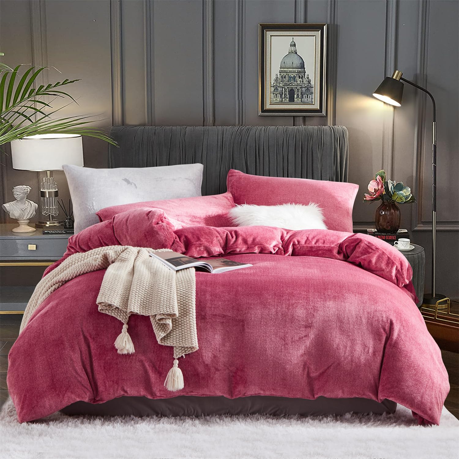 Amazon.com: YASMENG Fluffy Velvet Duvet Cover Set Red Queen Size Fall ...