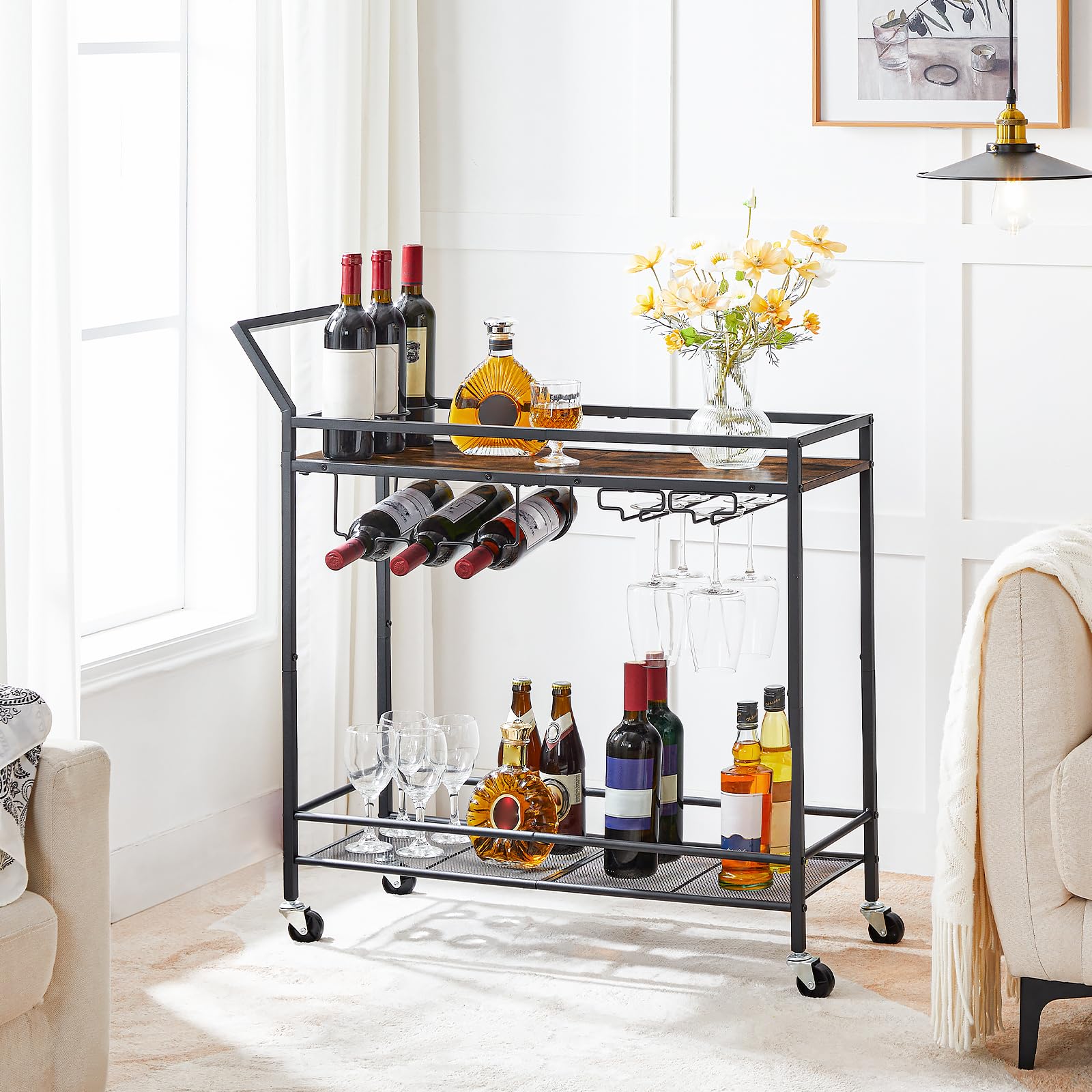 HOOBRO Bar Cart for The Home, 2-Tier Kitchen Cart with Wine Rack and ...