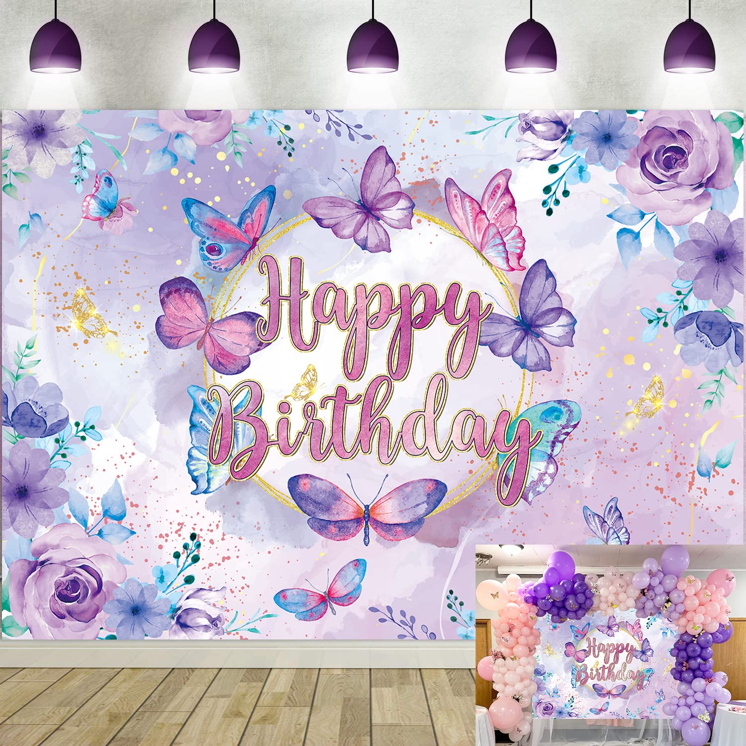 BINQOO 7x5FT Butterfly Birthday Backdrop girl Purple Butterfly Happy ...