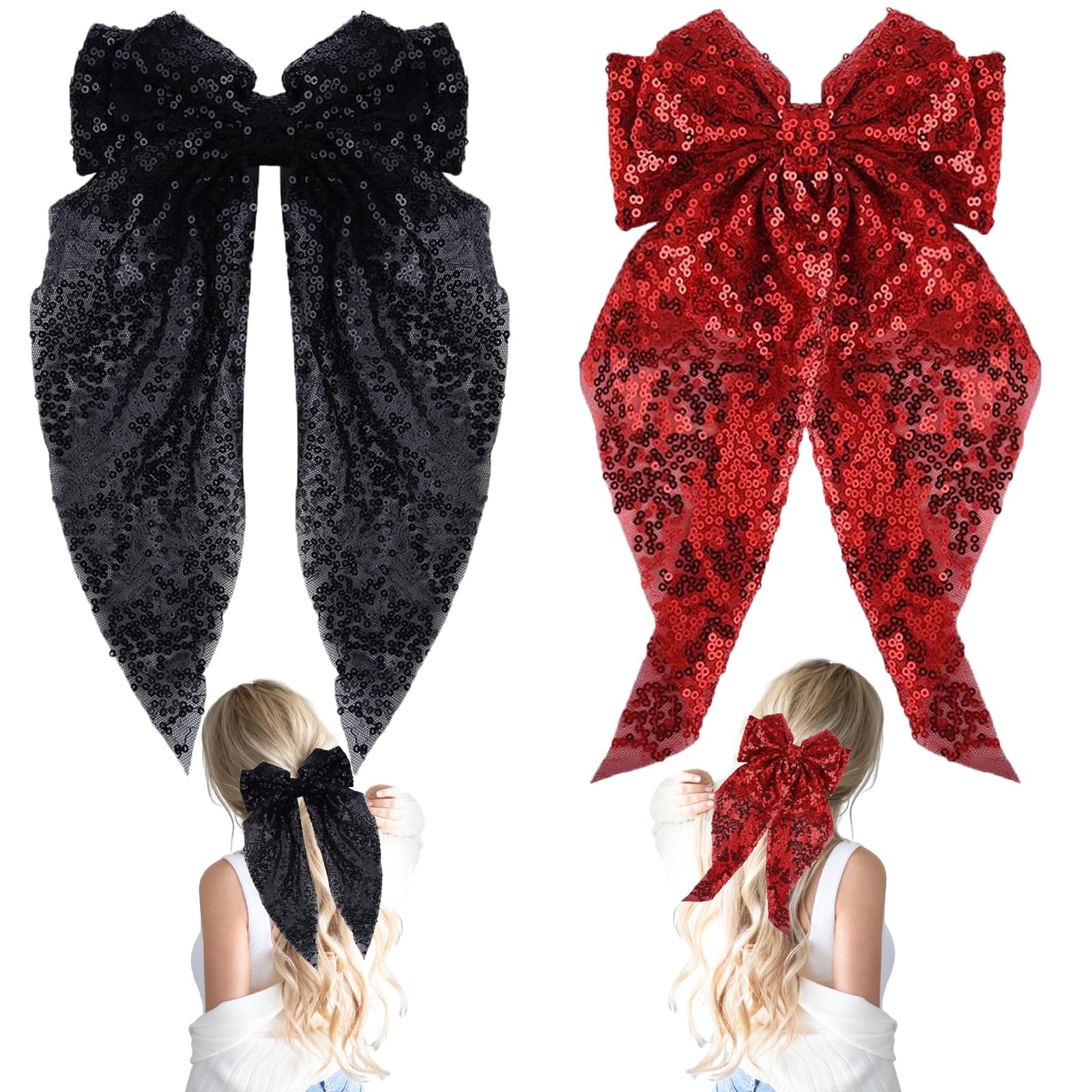 Bow Hair Clip,hair Bows,2 Pcs Red Hair Bow Black Hair Bow Large Bows ...