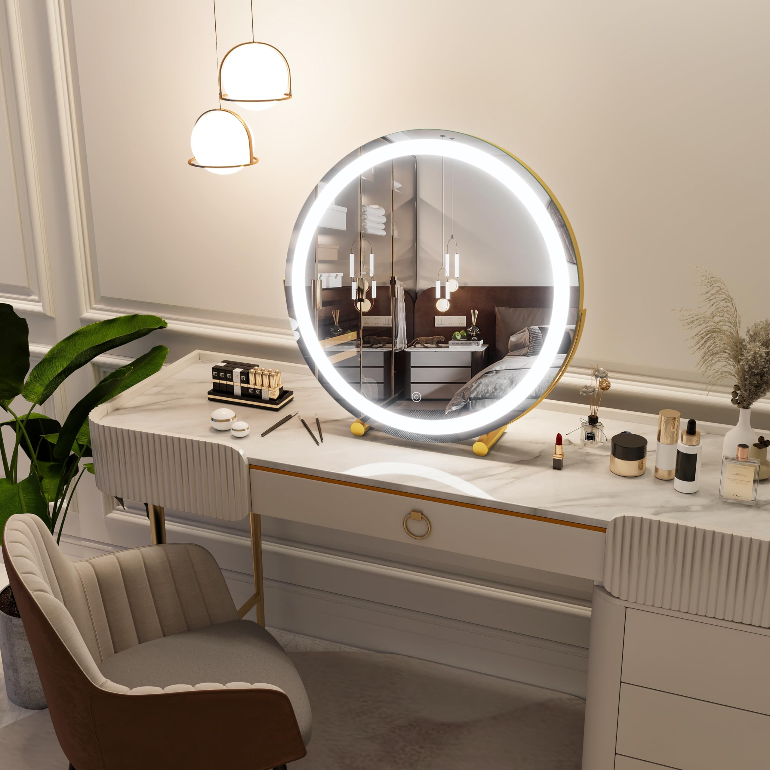 FENNIO 18 inch Large Vanity Mirror with Lights, Round LED Lighted Up ...