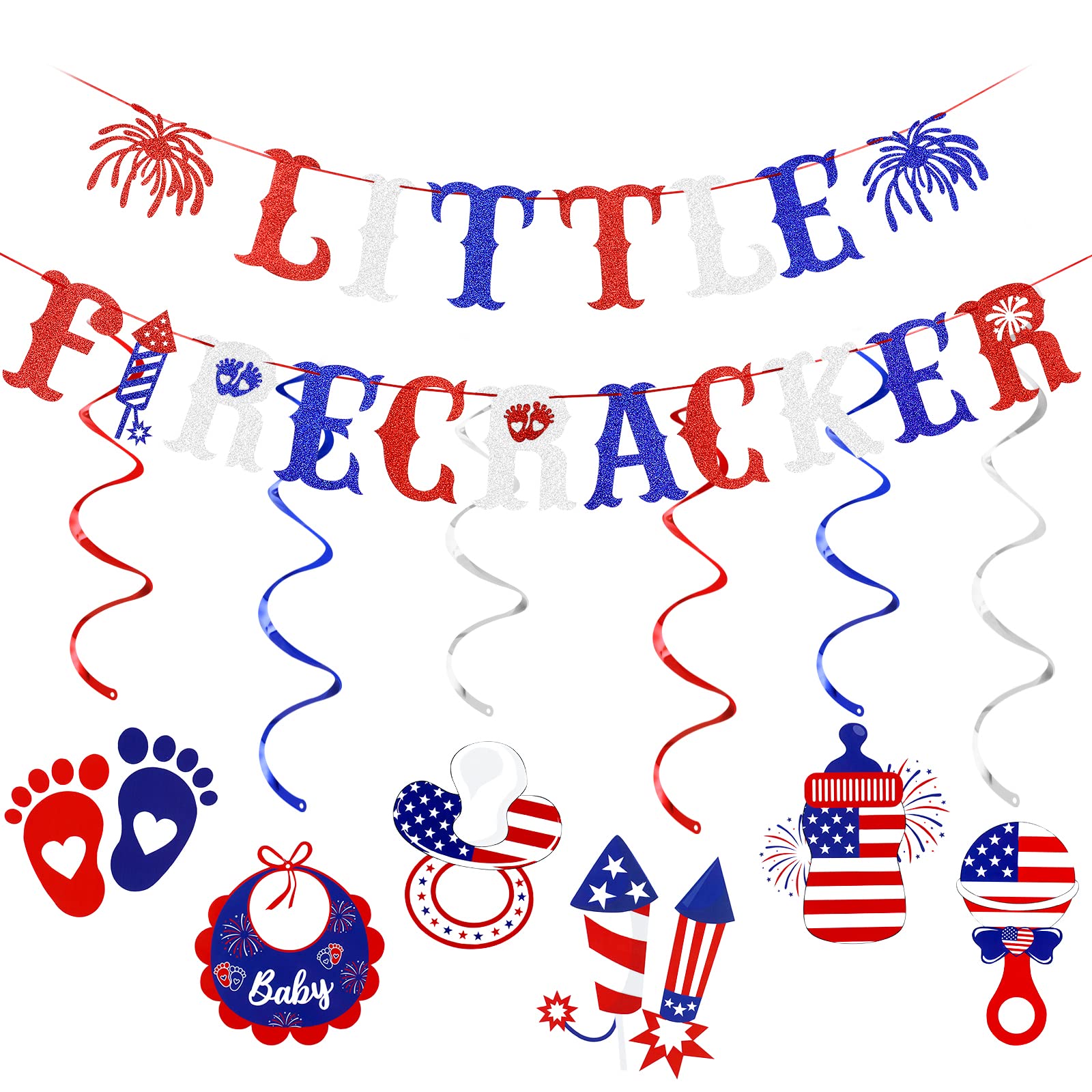 Amazon.com: Red White and Blue Glitter Little Firecracker Banner ...