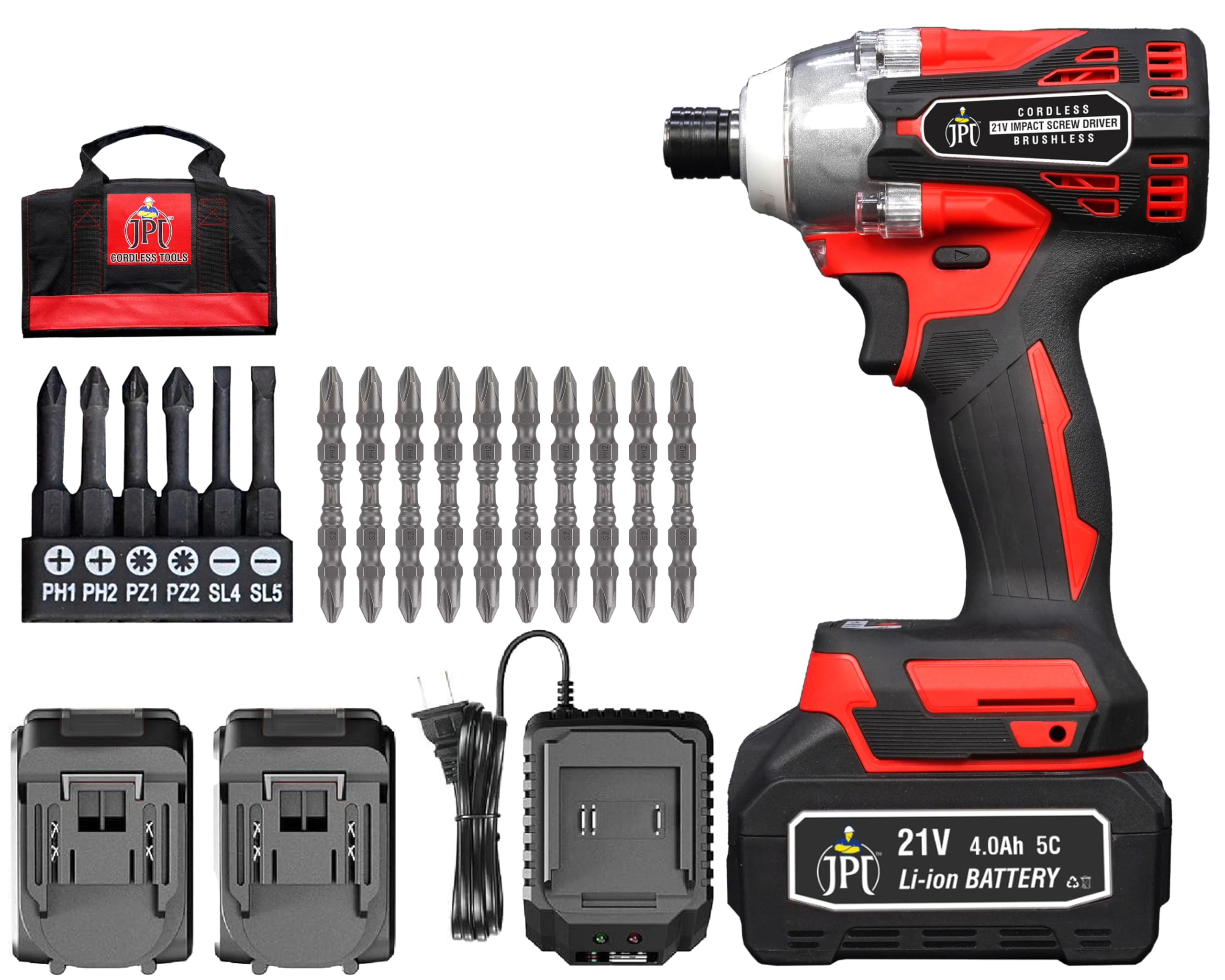 JPT Combo Cordless Impact Driver Kit,21V Max Lithium Ion 1/4'' All ...