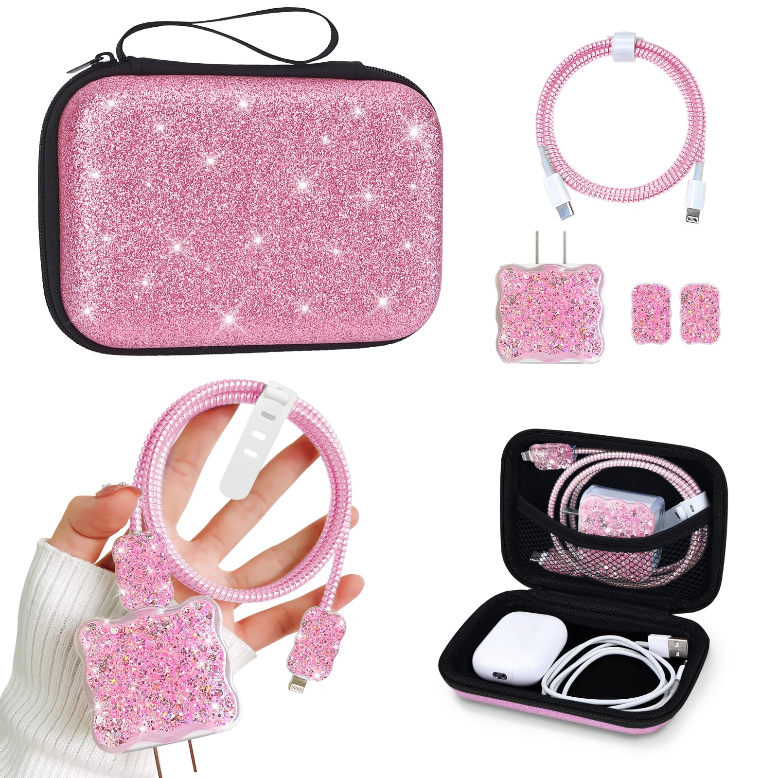 Amazon.com: Cute Phone Charger Storage Case Cover Set, Glitter Bling ...