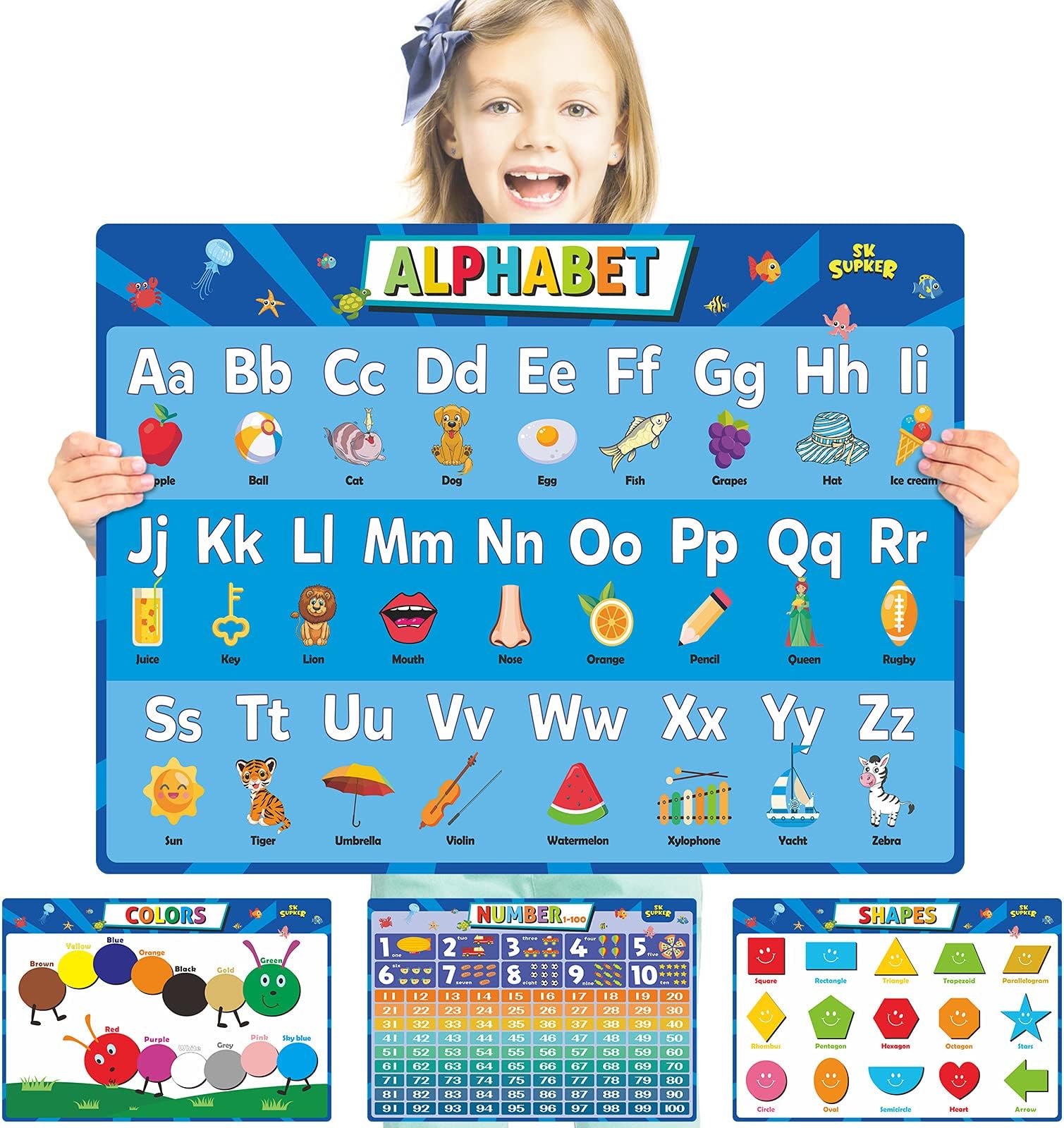 4 Pack ABC Alphabet Chart + Numbers 1-100 + Shapes + Colors Poster Set ...