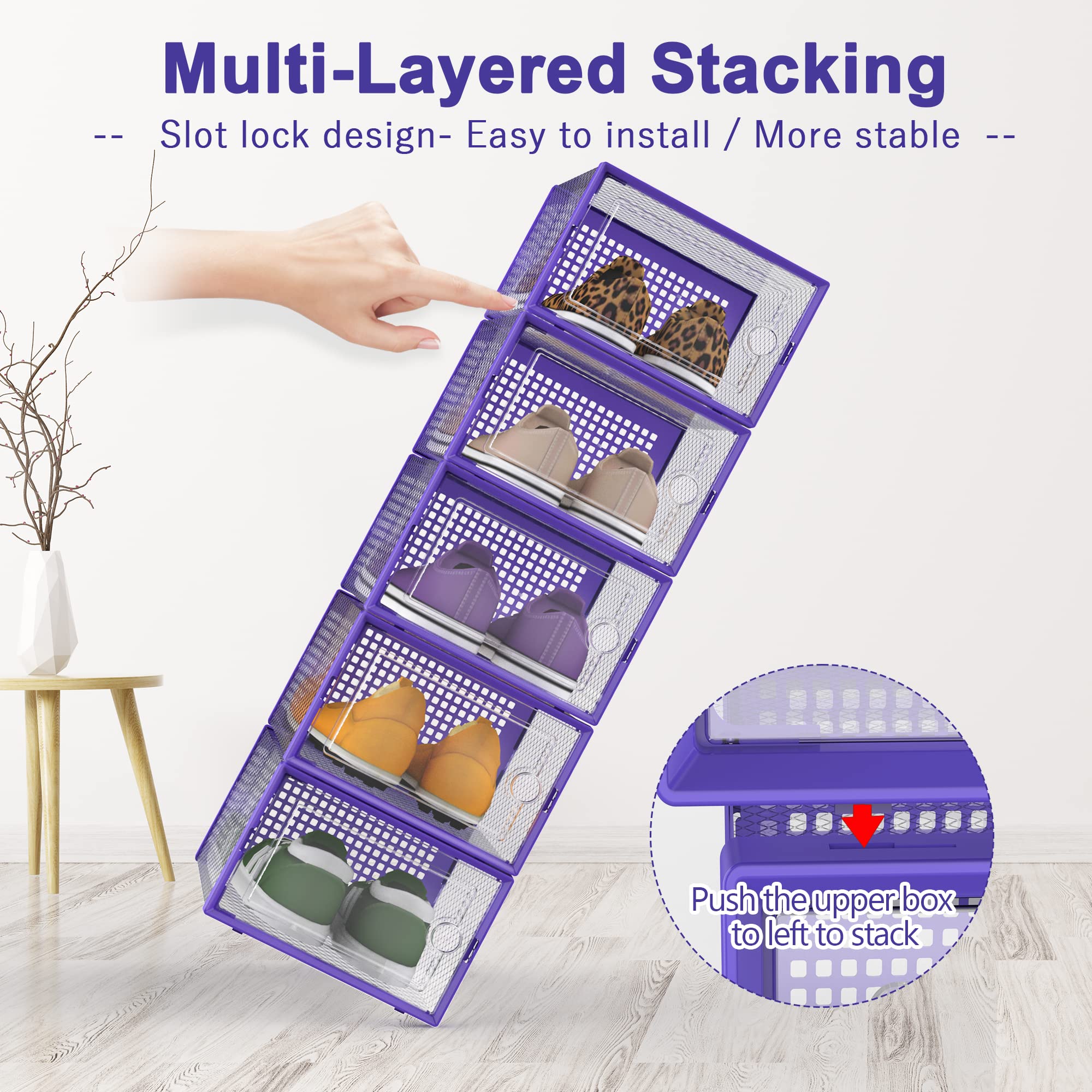 Purple Shoe Storage Boxes for Closet, Kuject Clear Plastic Stackable ...