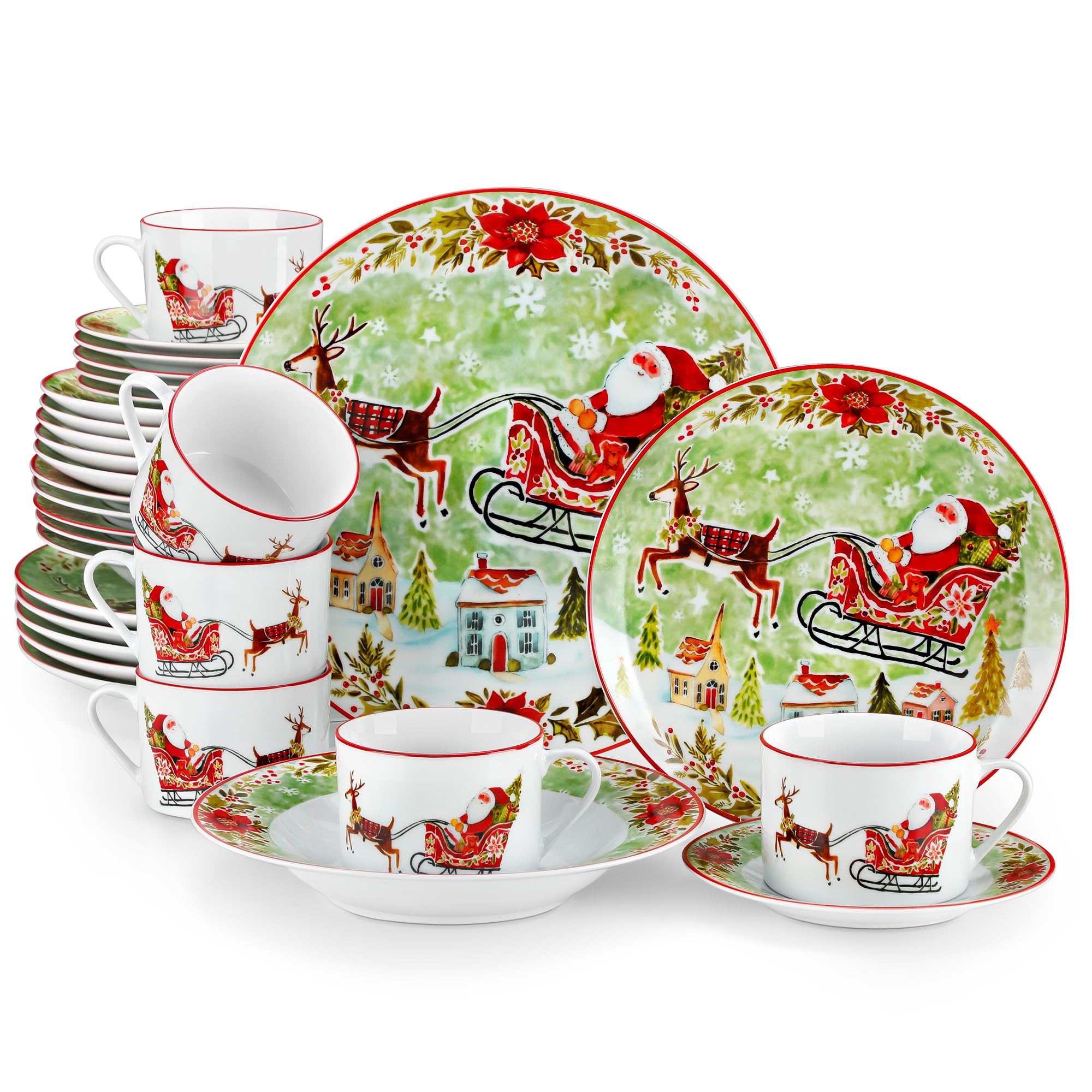 VEWEET Christmas Dinner Sets for 6 People, Porcelain Plates and Bowls ...