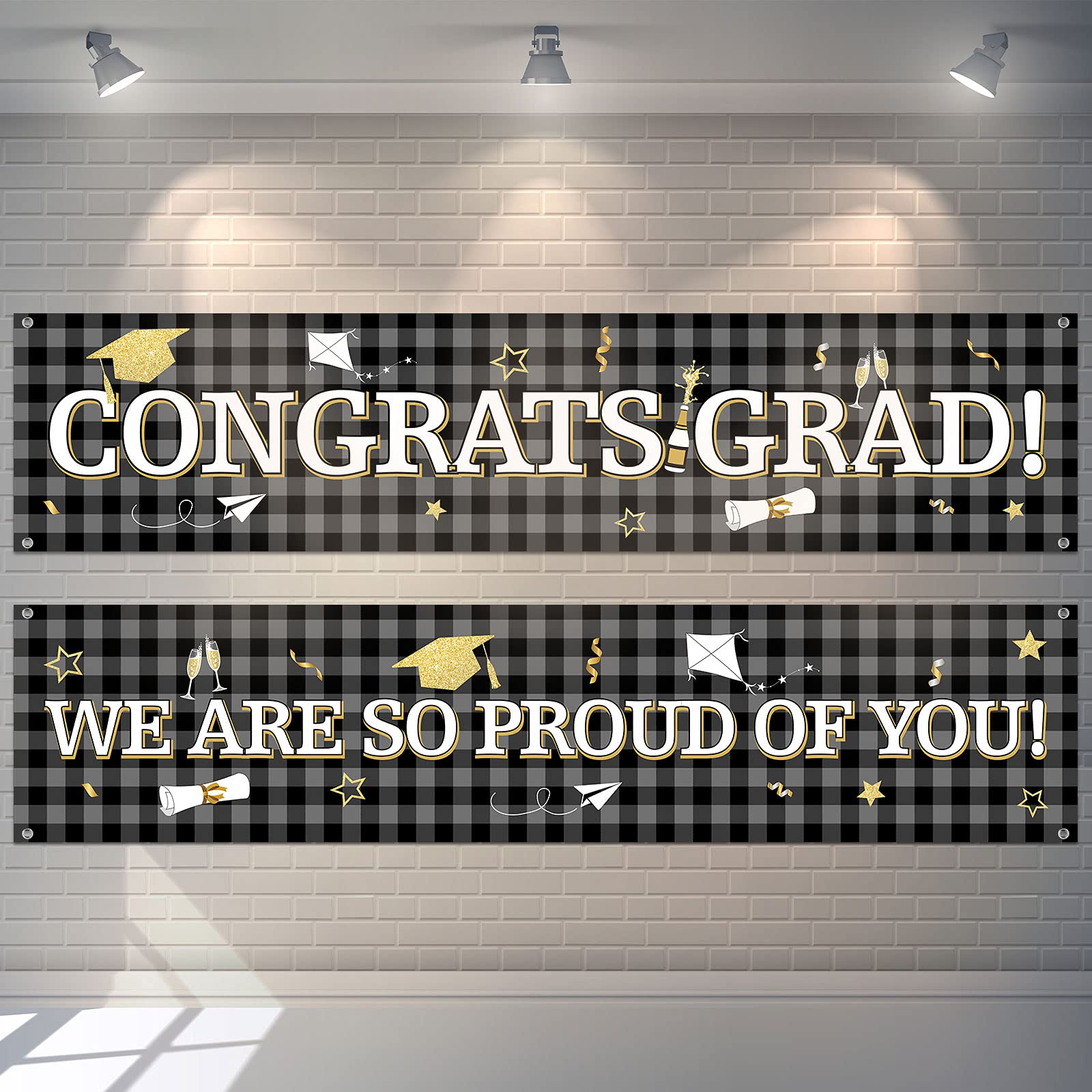 Buy 2 Pieces Graduation Party Backdrop Banner Decoration Buffalo Plaid ...