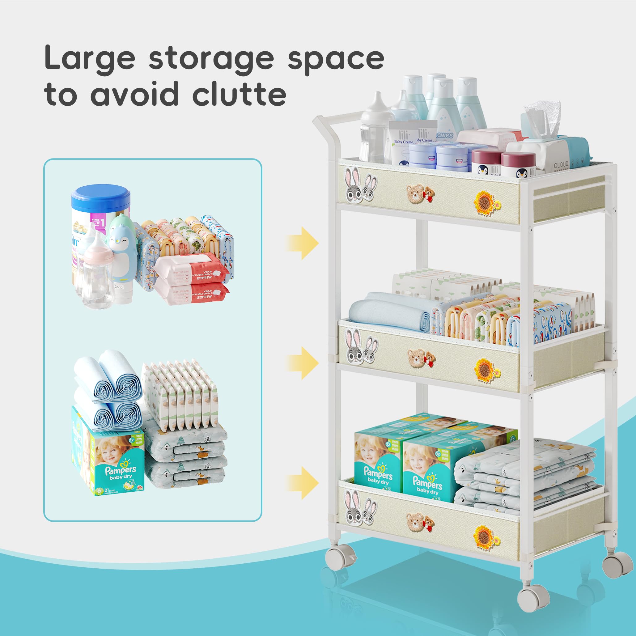 Snapklik.com : Baby Diaper Cart, 3-Tier Rolling Diaper Caddy For ...