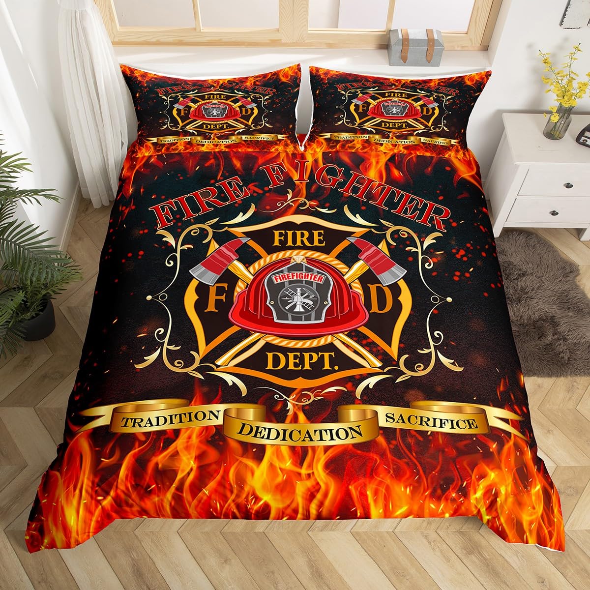 Amazon.com: Teens Firefighter Theme Duvet Cover Set,Kids Burning Flame ...