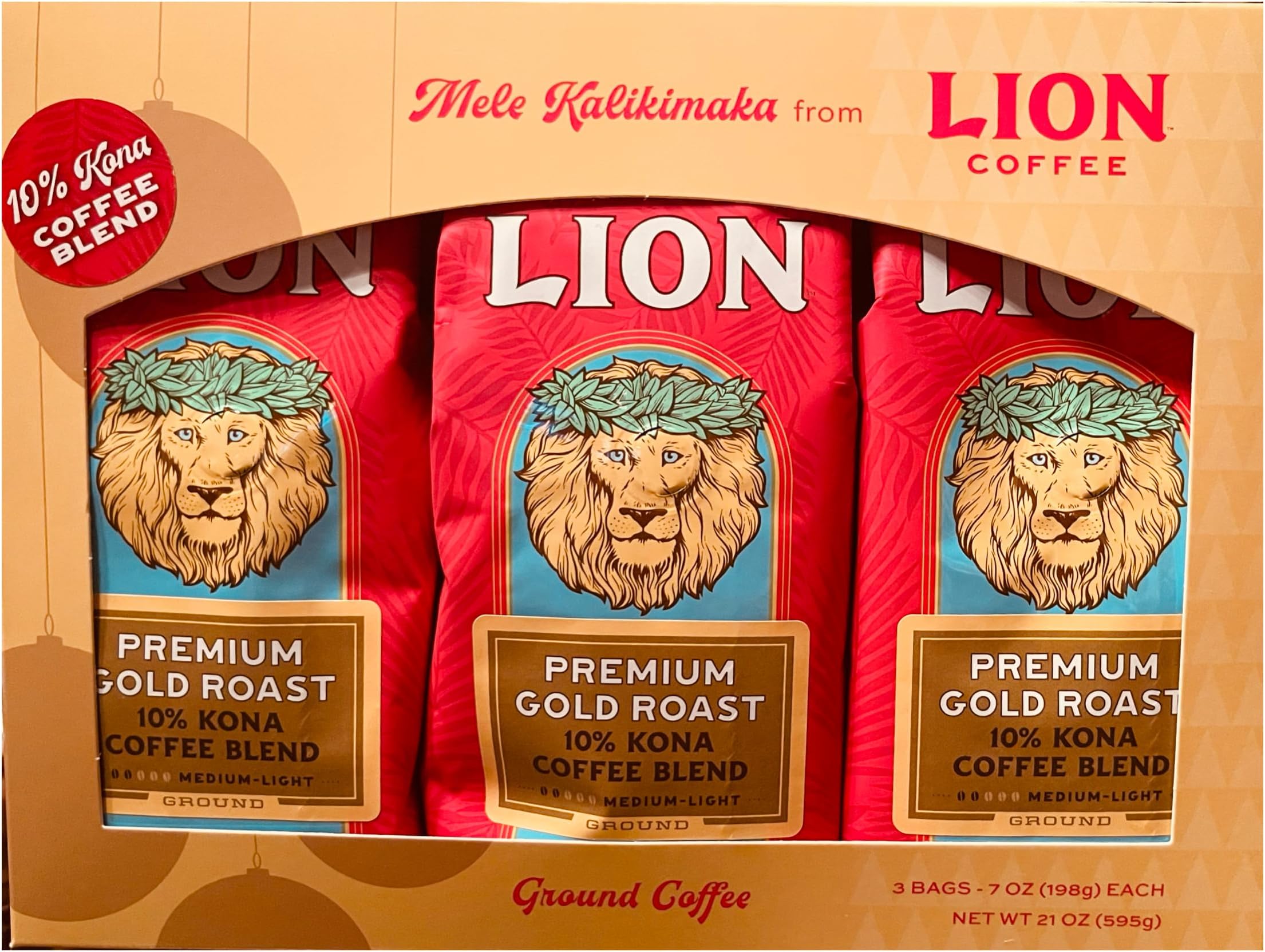 Amazon.com: Lion Coffee Premium Gold Roast 10% Kona Blend Ground 3 Bag ...