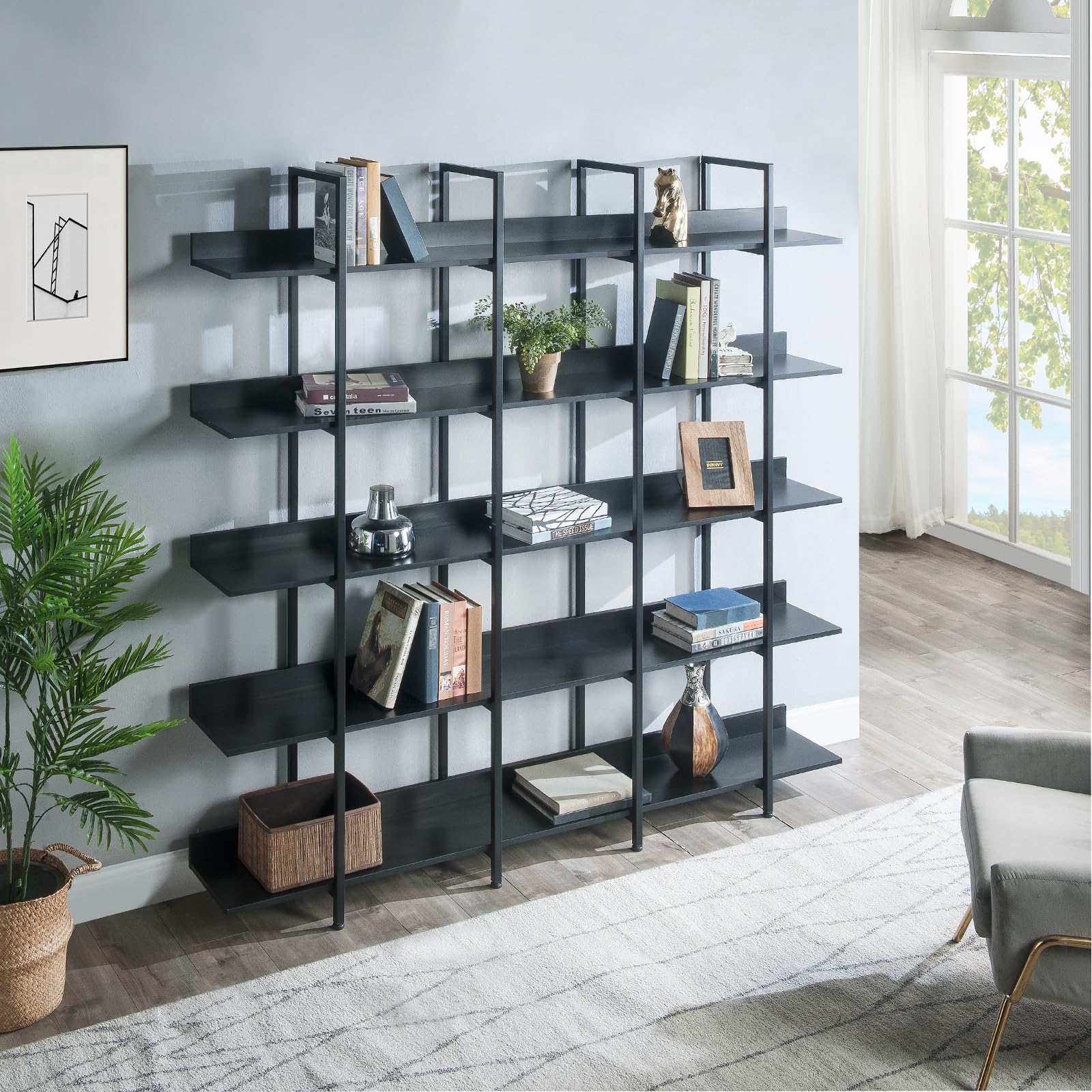 Amazon.com: TUNGTAR Wood Bookcase and Bookshelves Triple Wide 5-Tiers ...