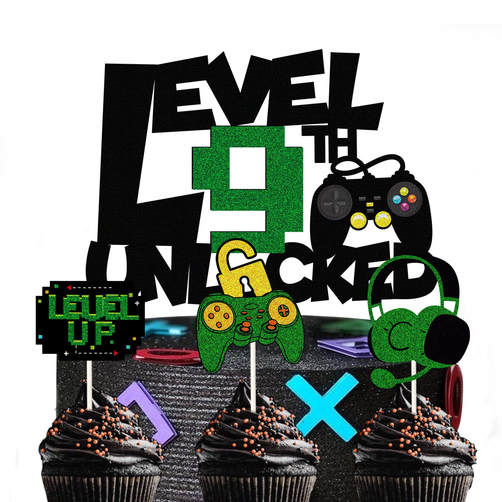 Amazon.com: 4PCS Glitter Level 9th Unlocked Game Birthday Cake Toppers ...