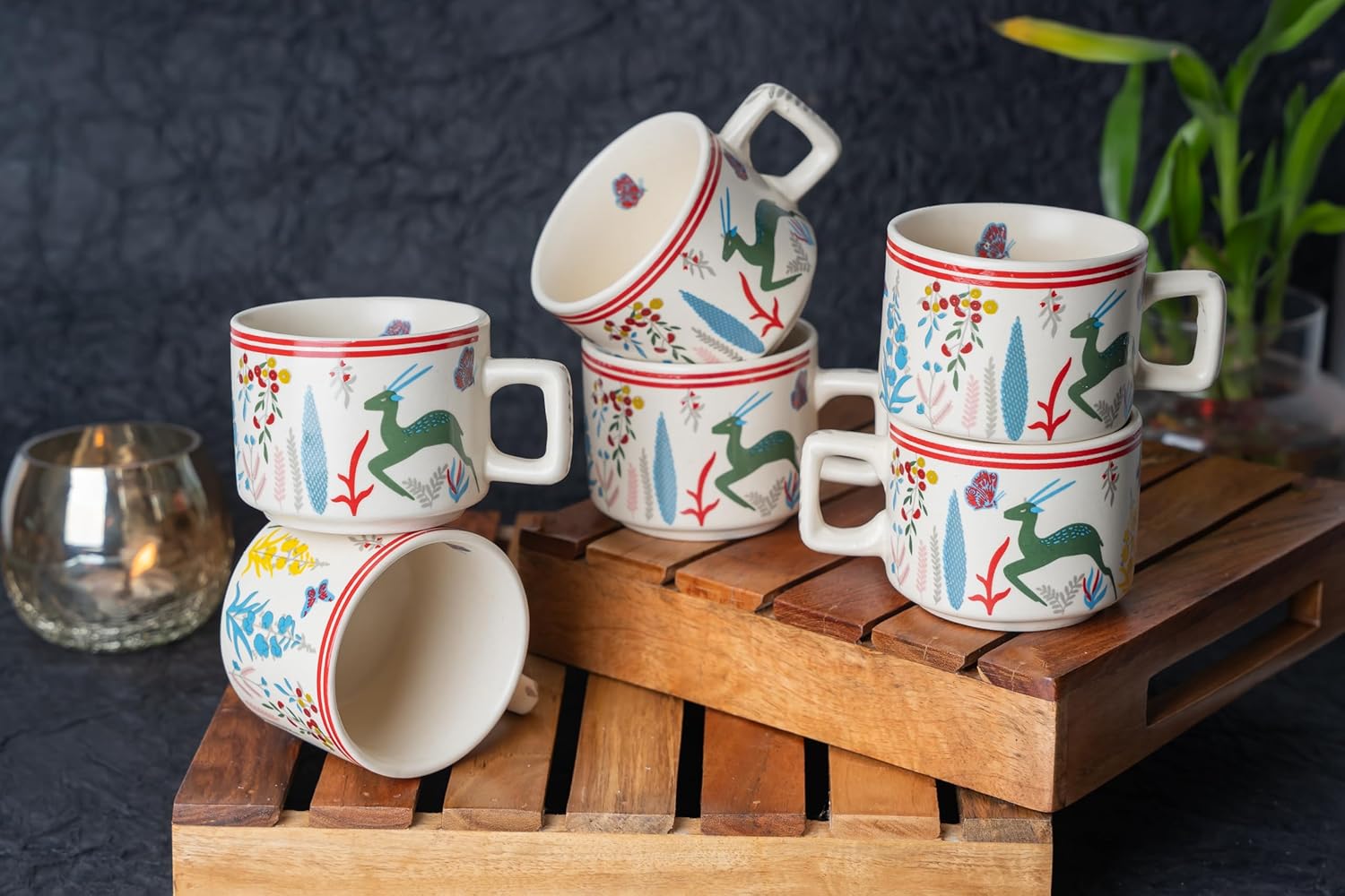 Buy CHEENI MAATI Tea Coffee Cup Chai Mug Serving Set Print Ceramic Deer ...