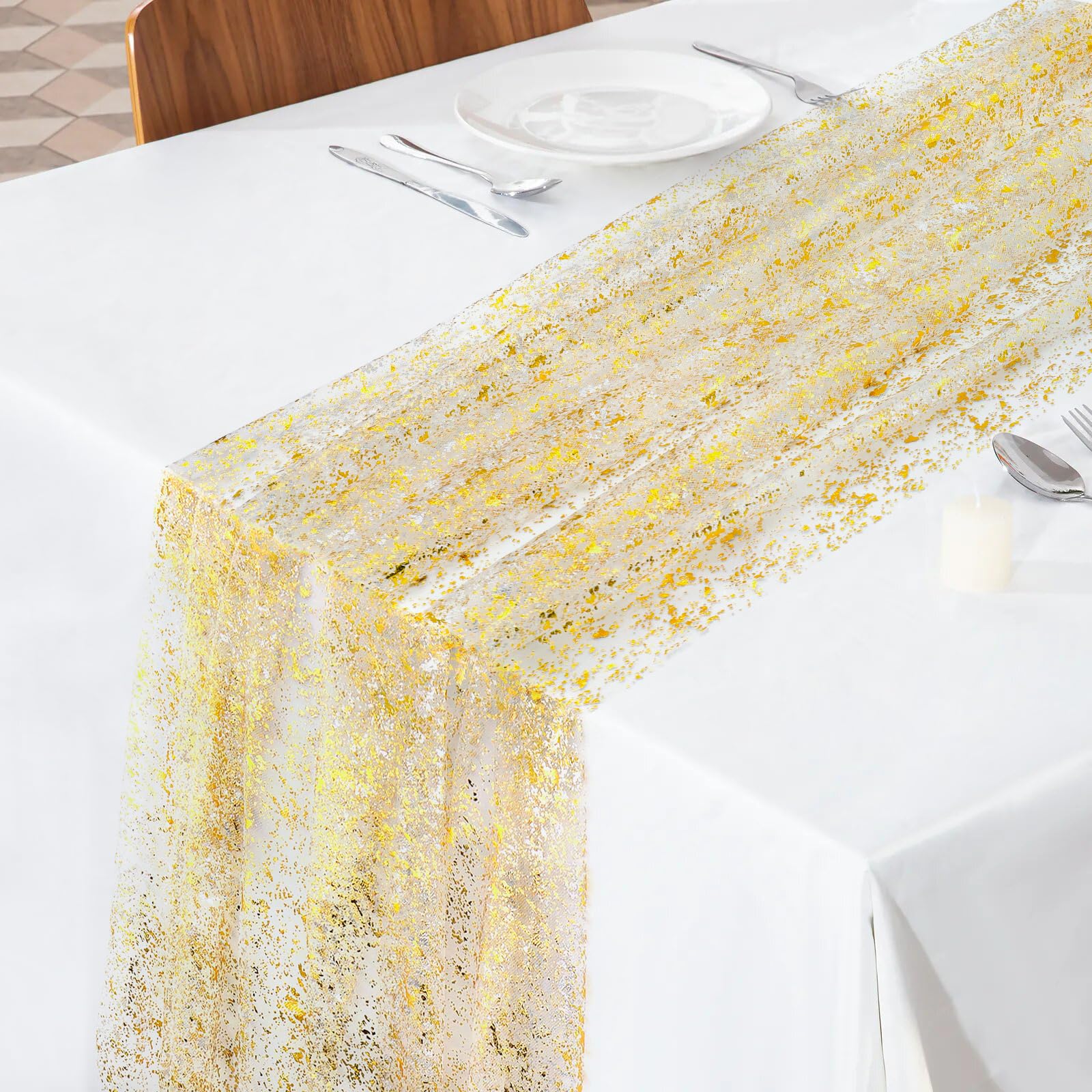 Amazon.com: yuuzue 10ft Gold Table Runner, 27*120 Inches Sheer Chiffon ...