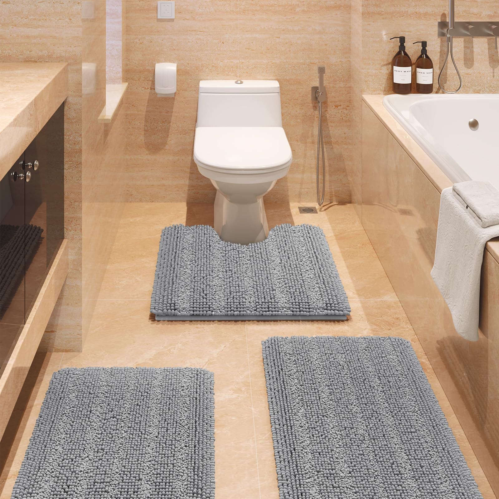 Striped Light Grey Bathroom Rug Set 3 Pieces Gray Ultra Soft, Non Slip ...