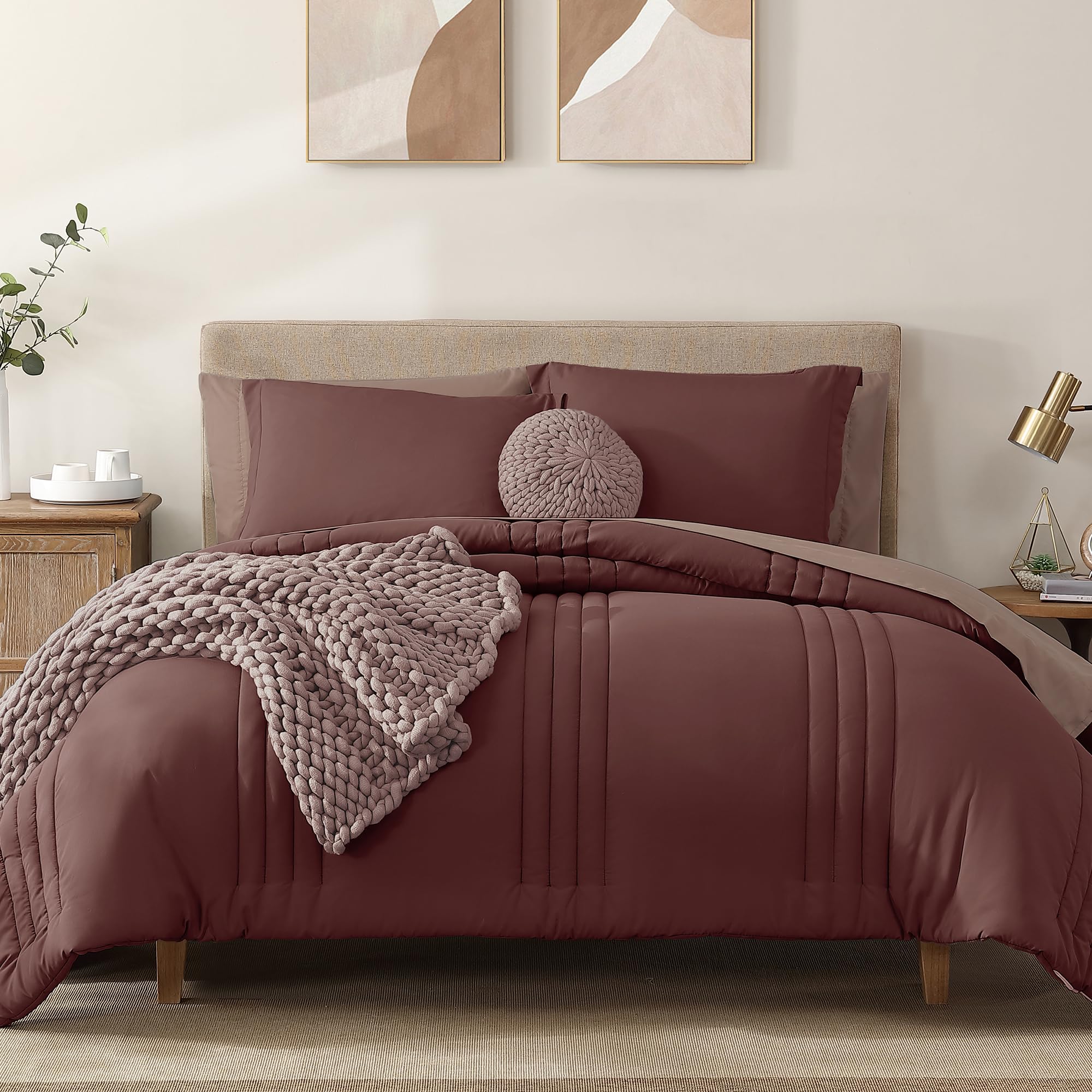 Amazon.com: Monbix Queen Comforter Set - 7 Pieces Dark Red Bed in a Bag ...
