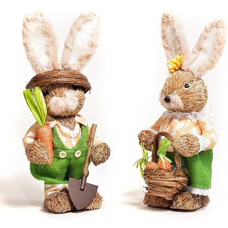 Amazon.com: BESTOYARD 14 Inches Easter Rabbit Statues Standing Straw ...