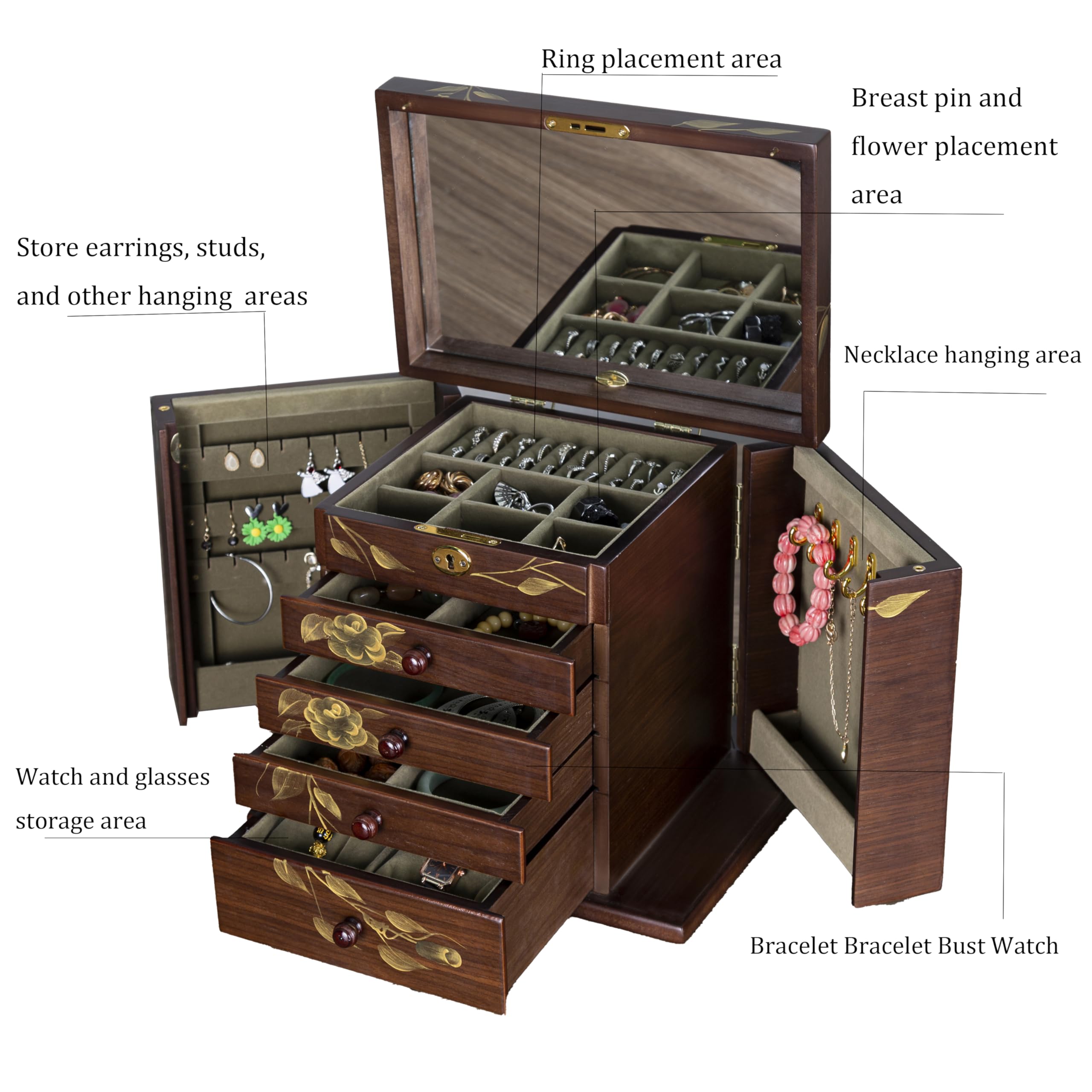 Xloverise Wooden jewelry case Jewelry Box for Women Large Wood ...