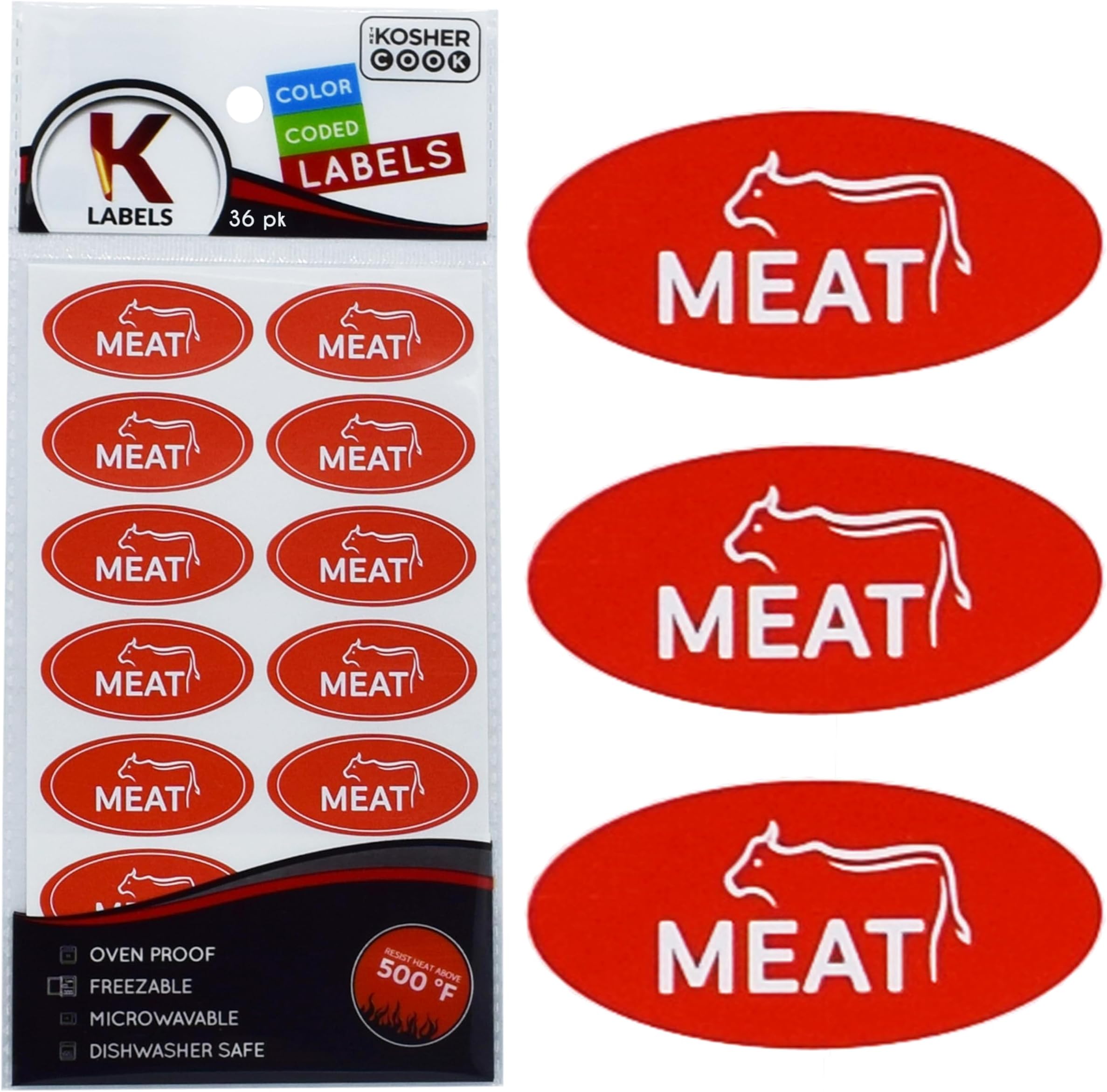 Amazon.com: 36 Meat Red Kosher Labels - Oven Proof up to 500 ...