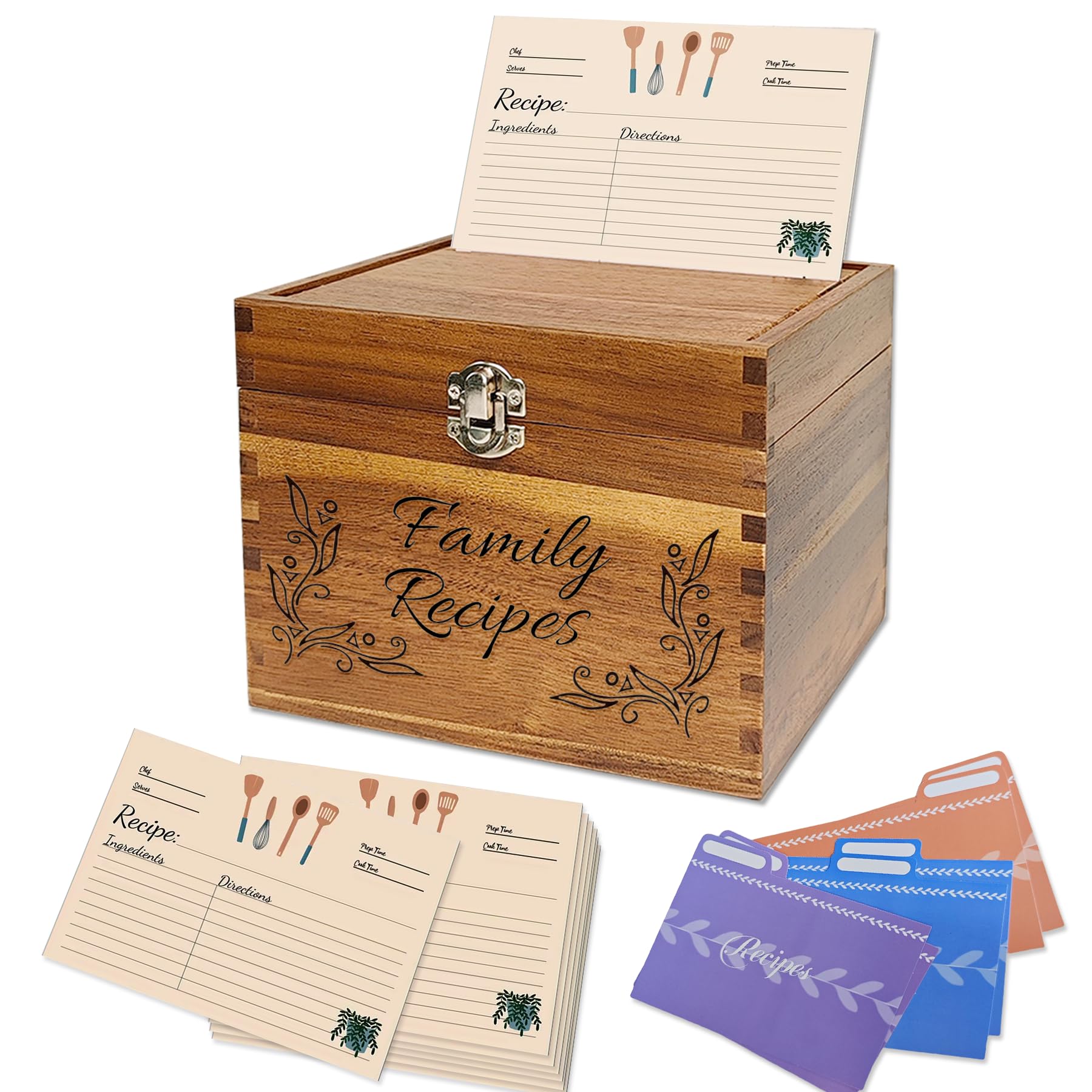 Amazon.com: YOJO Recipe Box,Recipe Cards and Box Set,Wooden Recipe Box ...