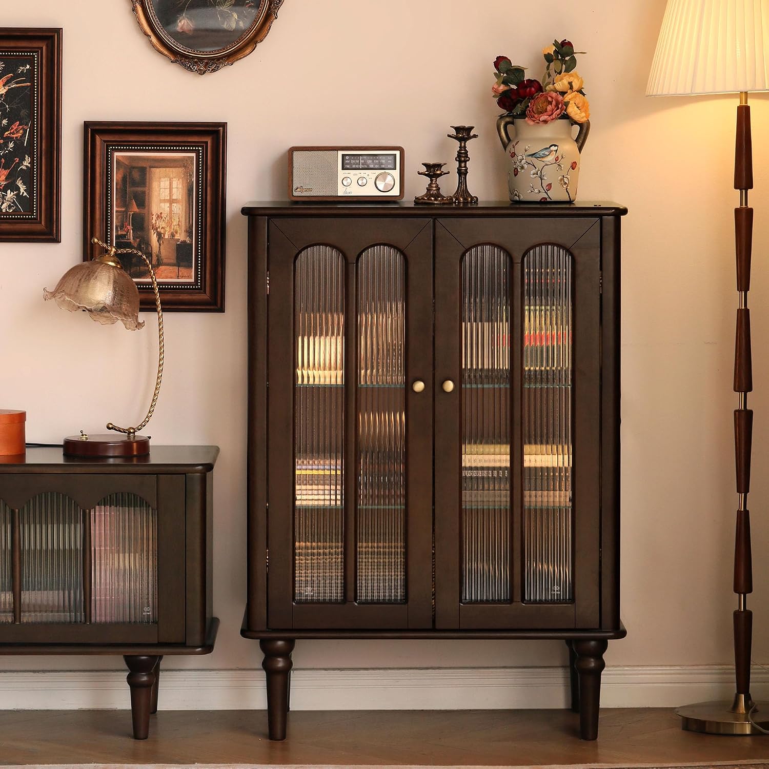YESWOOD Solid Wood Sideboard with 3-Tier Storage, Retro Storage Cabinet ...