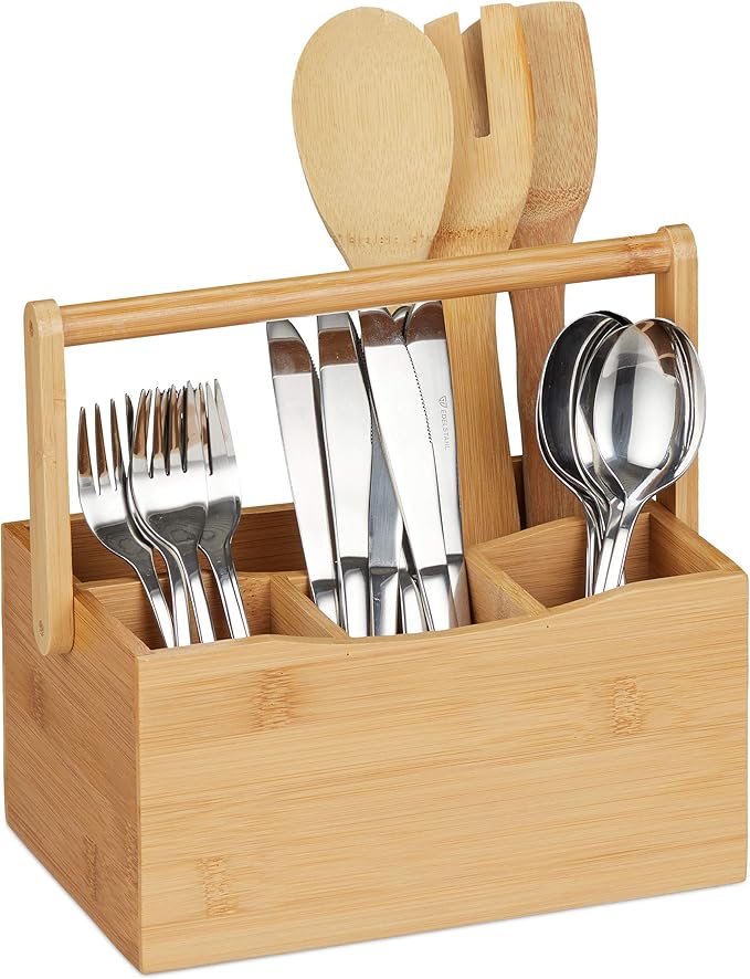 Relaxdays Cutlery Box, Utensil Holder, Bamboo, 4 Compartments, Carry ...