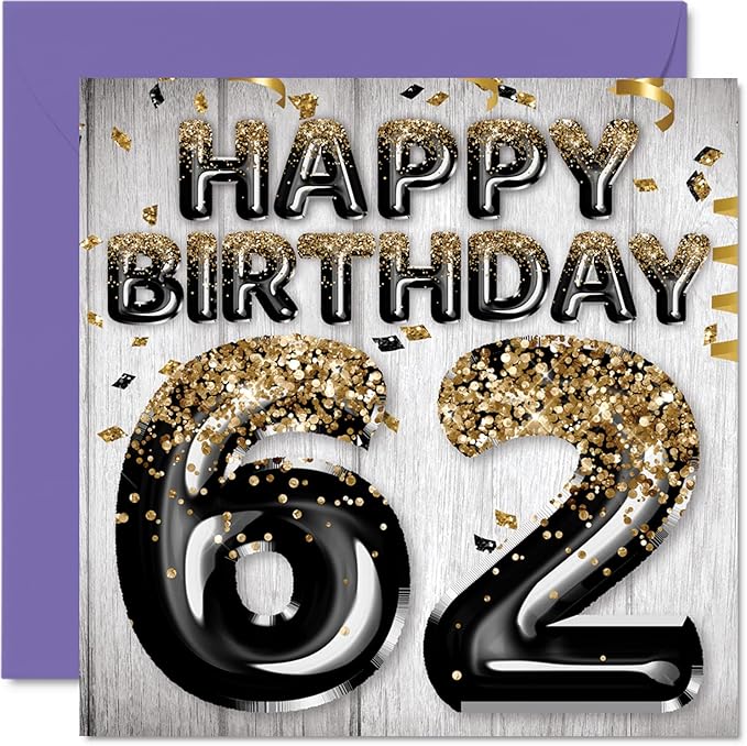 62nd Birthday Card for Men - Black & Gold Glitter Balloons - Happy ...