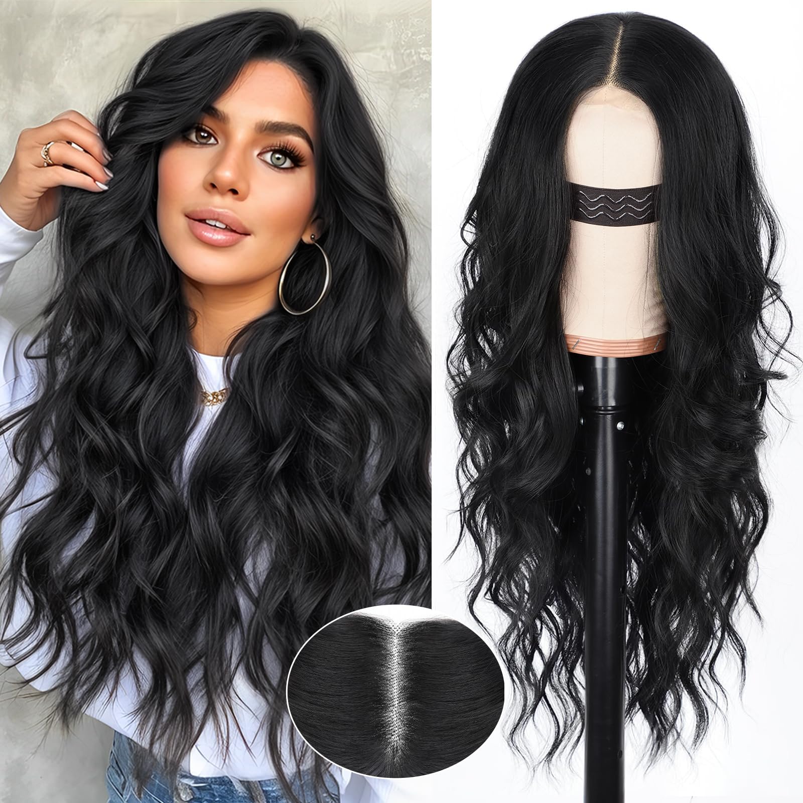 Amazon.com : Kafangu Long Black Lace Wig for Women 26 Inch Wavy Curly ...