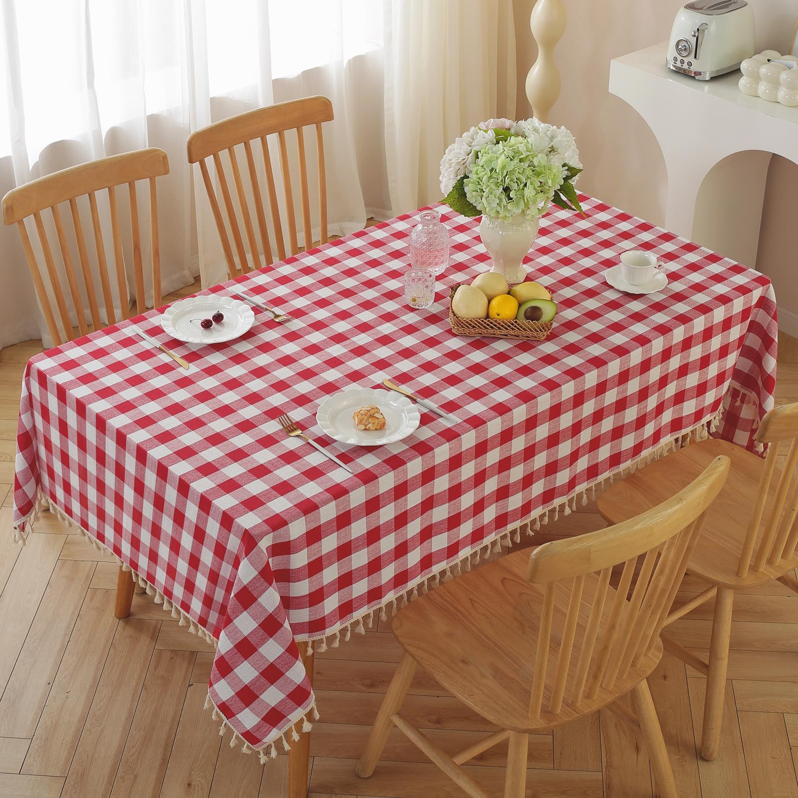 Amazon.com: Alsoo Red Checkered Tablecloth Rectangle Cotton Linen ...