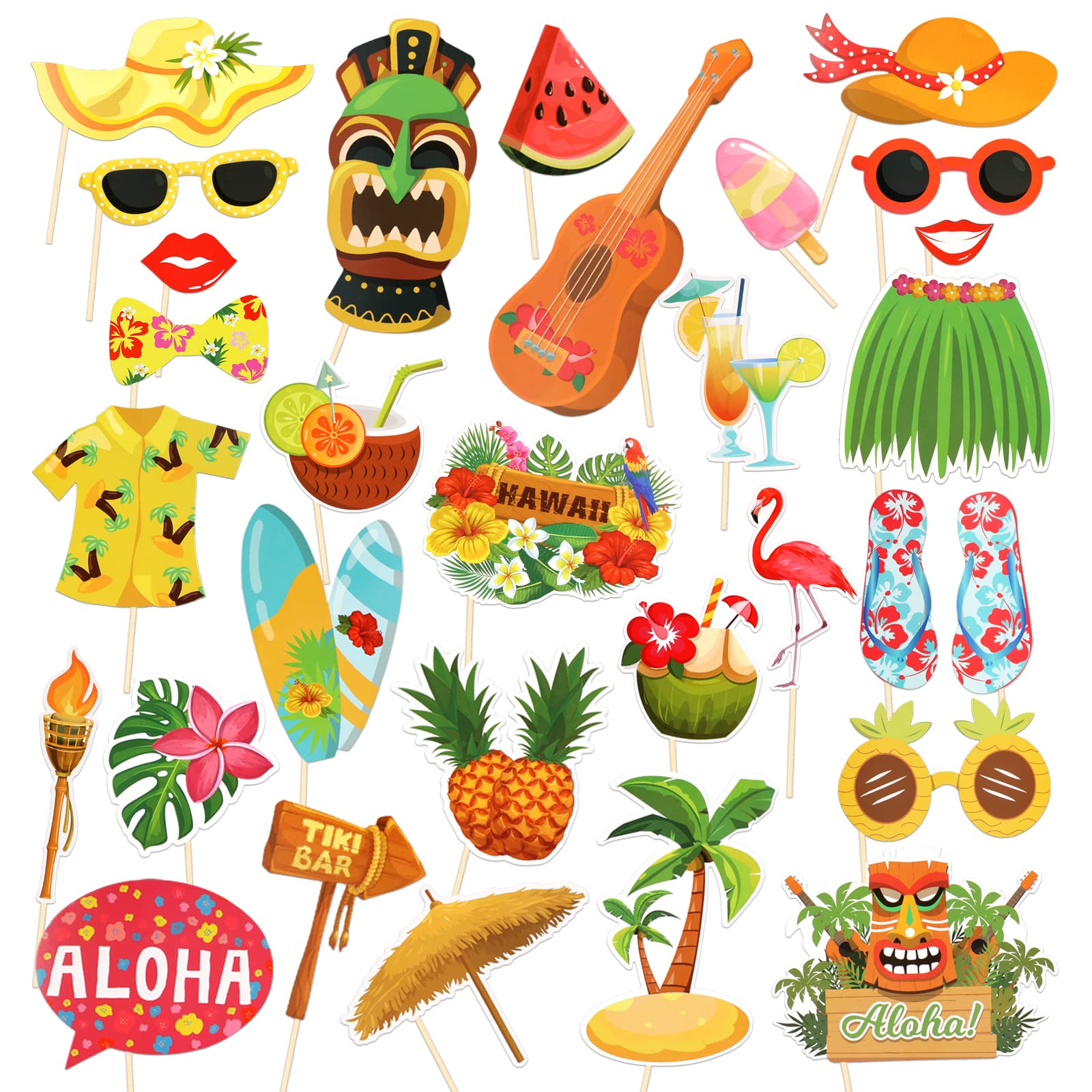 HOWAF Tropical Hawaiian Luau Photo Booth Props - Pack of 30, Luau Party ...